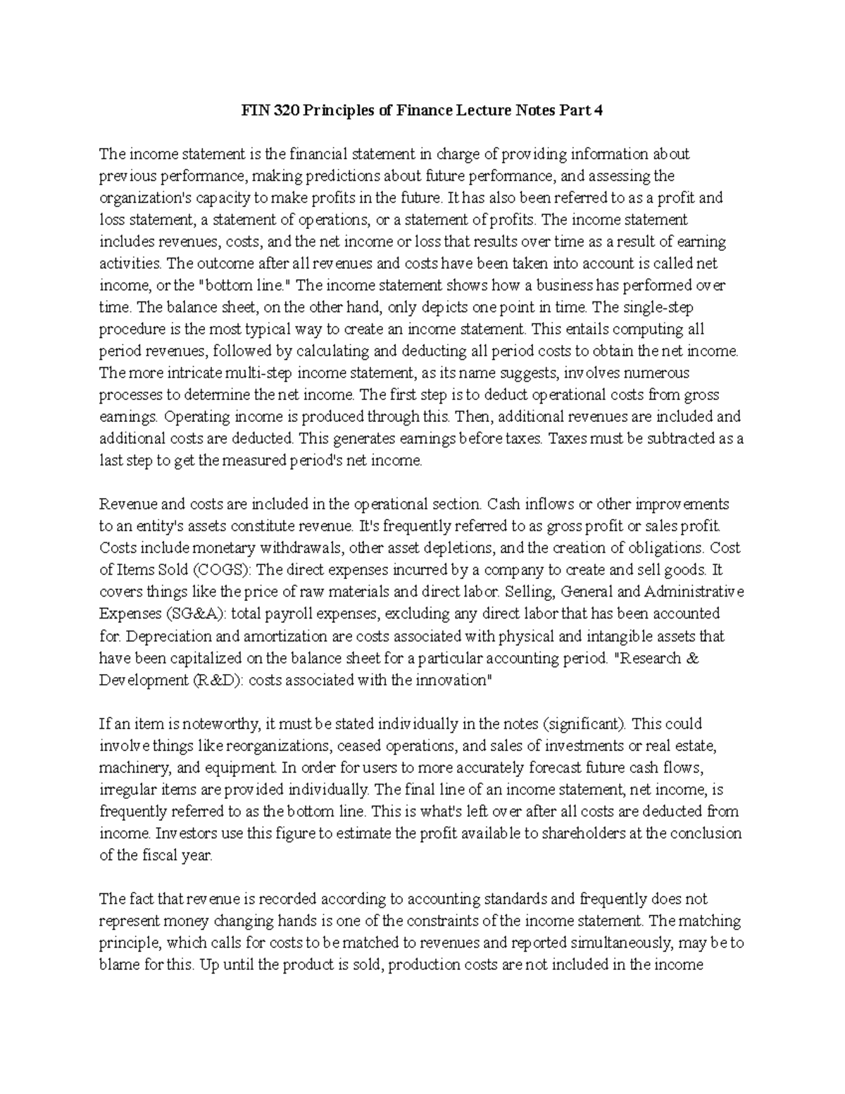 FIN 320 Principles of Finance Lecture Notes Part 4 - It has also been ...