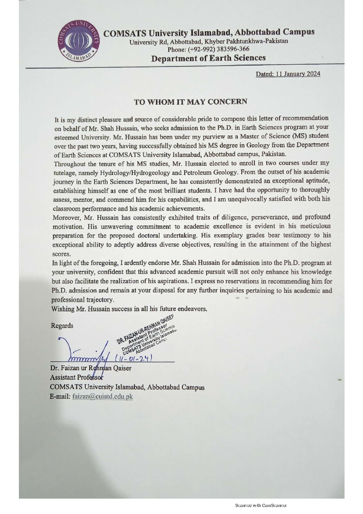 Recomendation Letter 2 - DEPARTMENT UNIVERSITY COMSATS University ...