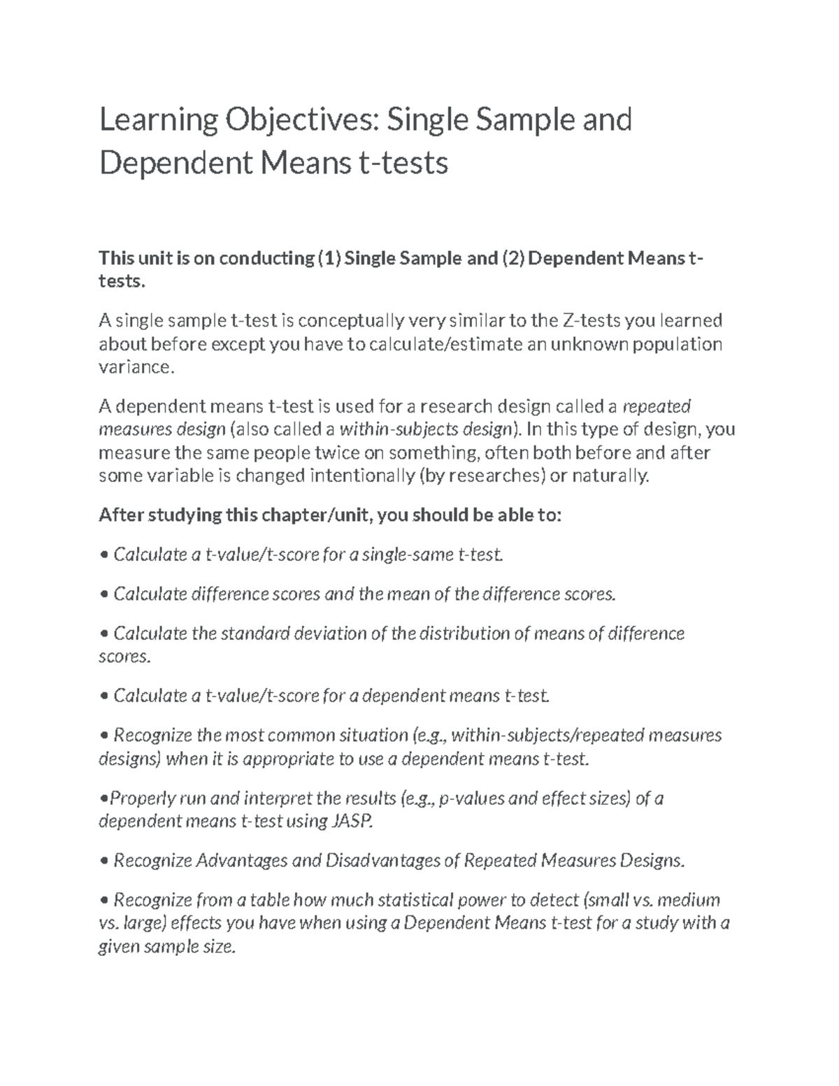 PSYC 3001 - Ch 7 Notes - Learning Objectives: Single Sample and ...