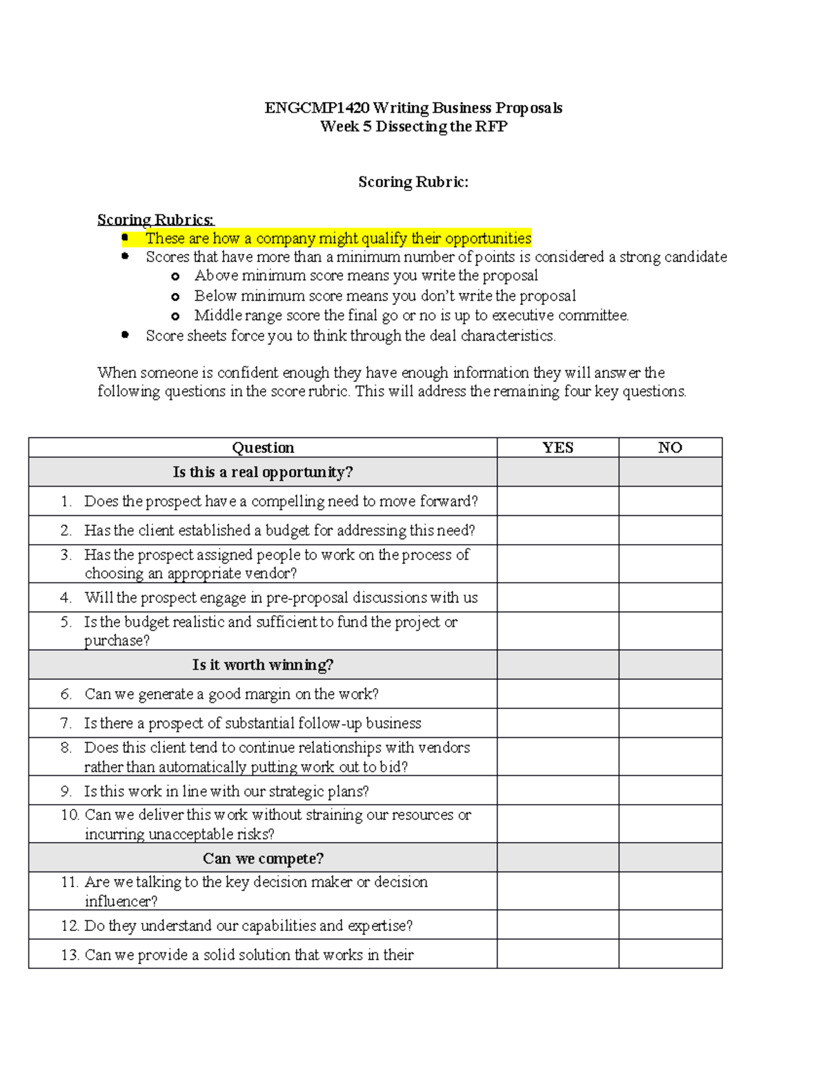 Scoring Rubric- Chapter 18 - ENGCMP1420 Writing Business Proposals Week ...