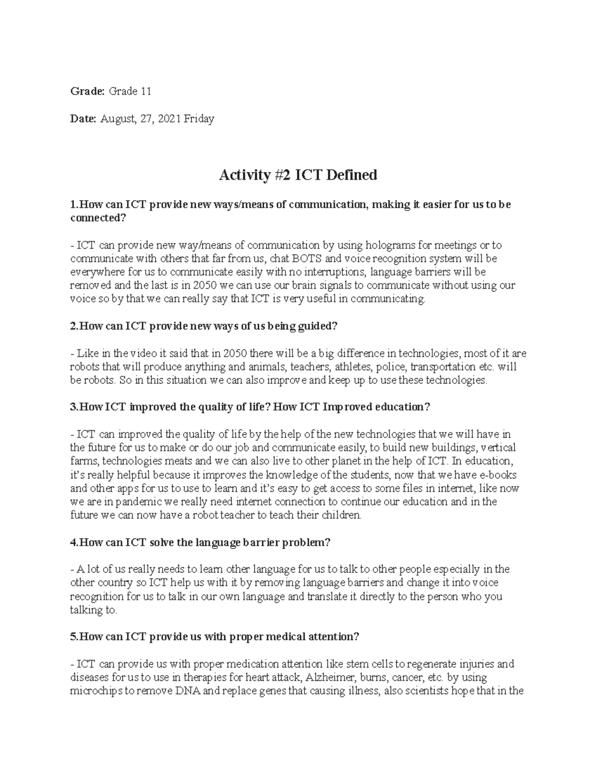 ICT - worksheet - Grade: Grade 11 Date: August, 27, 2021 Friday ...
