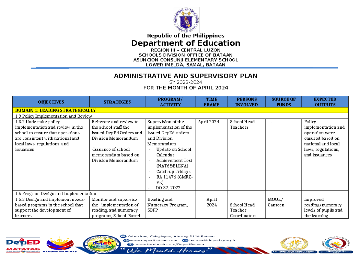 Administrative-Supervisory Plan, April, 2024 - Department of Education ...