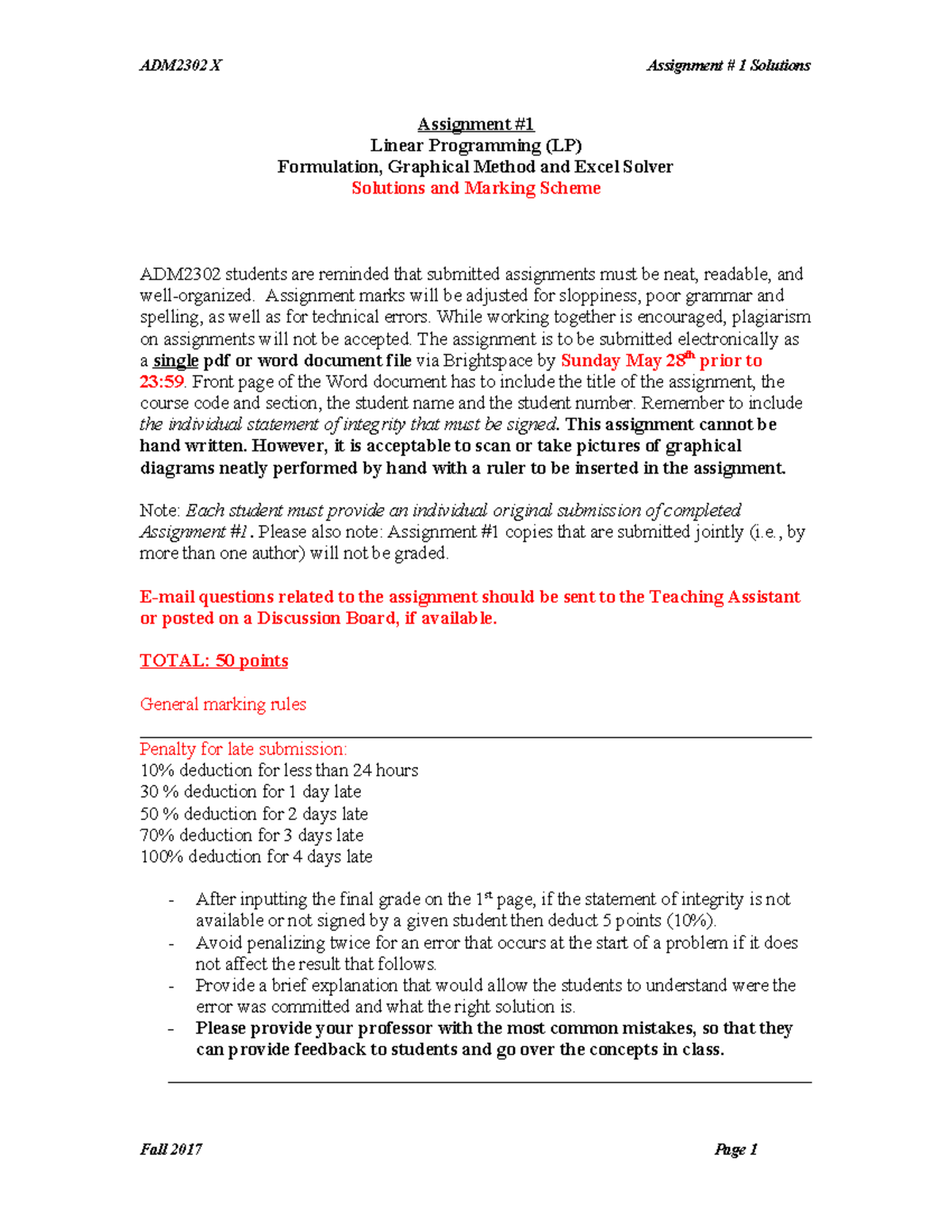 ADM2302 Assignment 1 - Assignment # Linear Programming (LP) Formulation, Graphical Method and ...