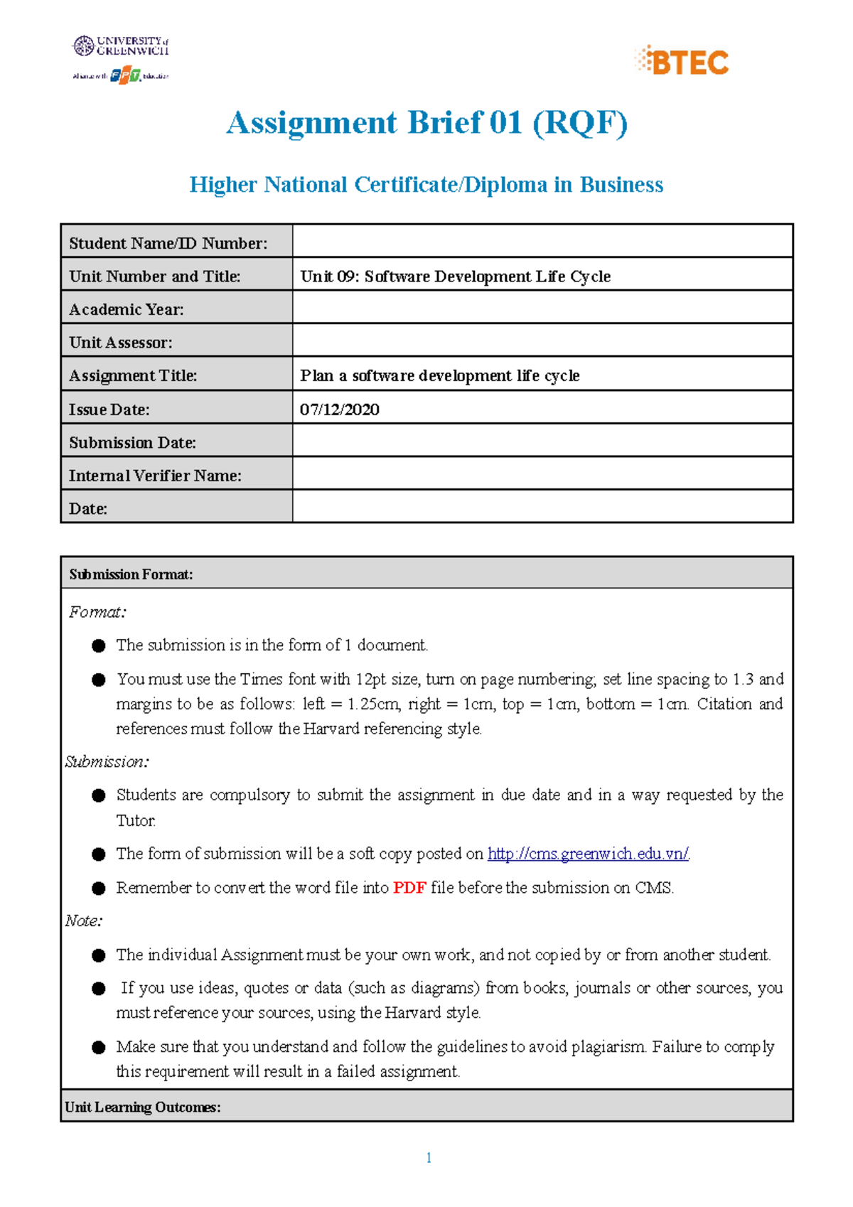 1 Unit 09. Assignment 01 Brief - Assignment Brief 01 (RQF) Higher National Certificate/Diploma ...
