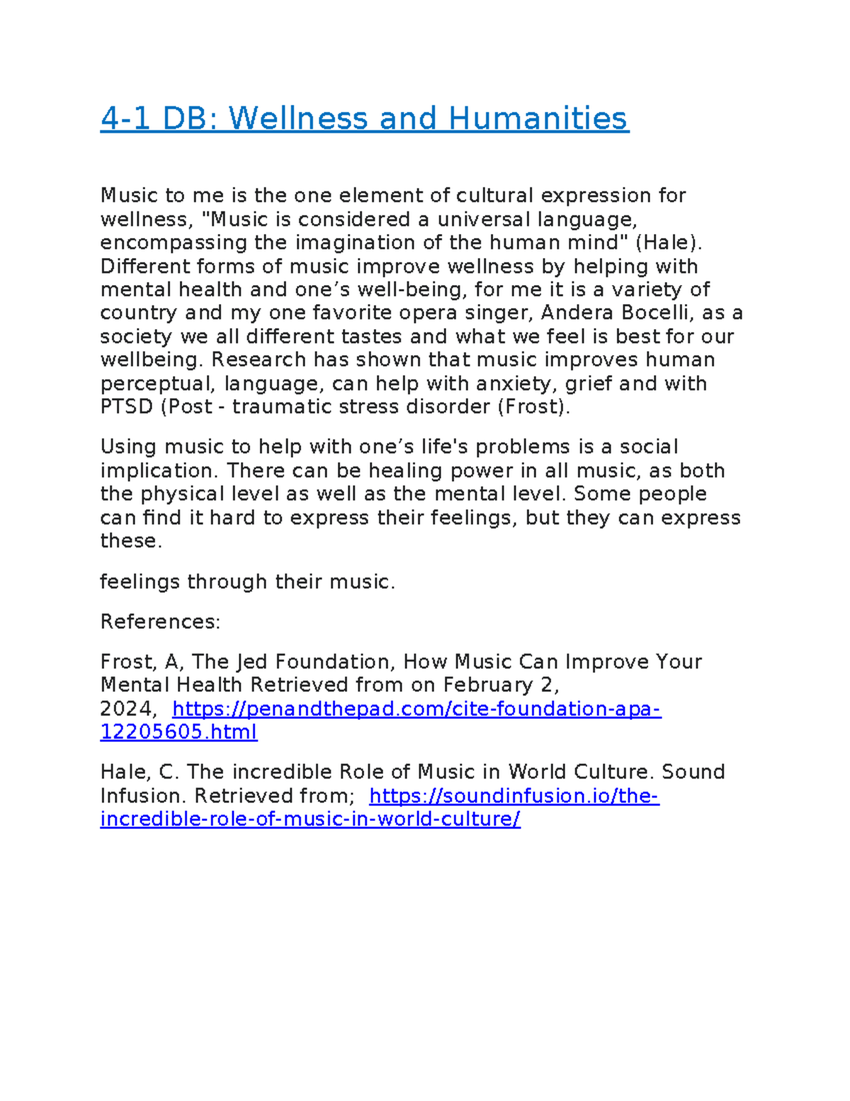 4 1 Discussion Board Wellness and Humanities - 4-1 DB: Wellness and ...