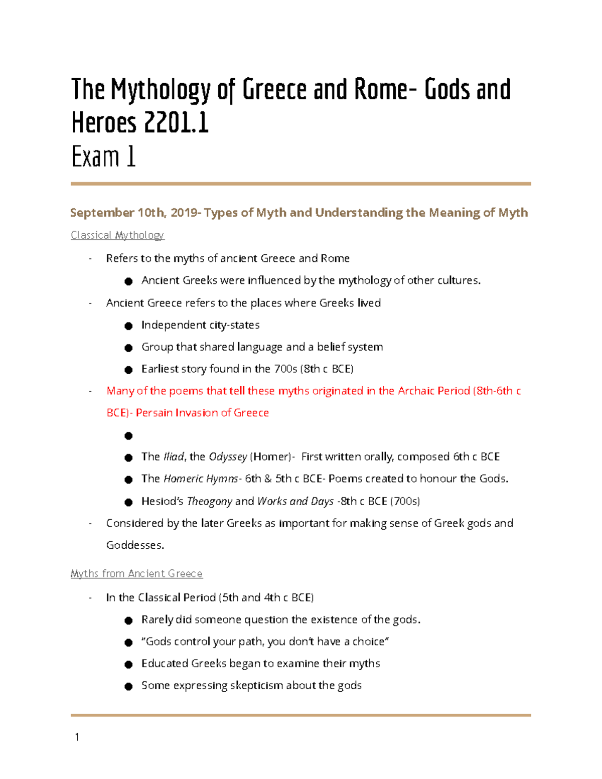 CLAS 2201.1- Exam 1 - Summary The Mythology of Greece and Rome I: Gods ...