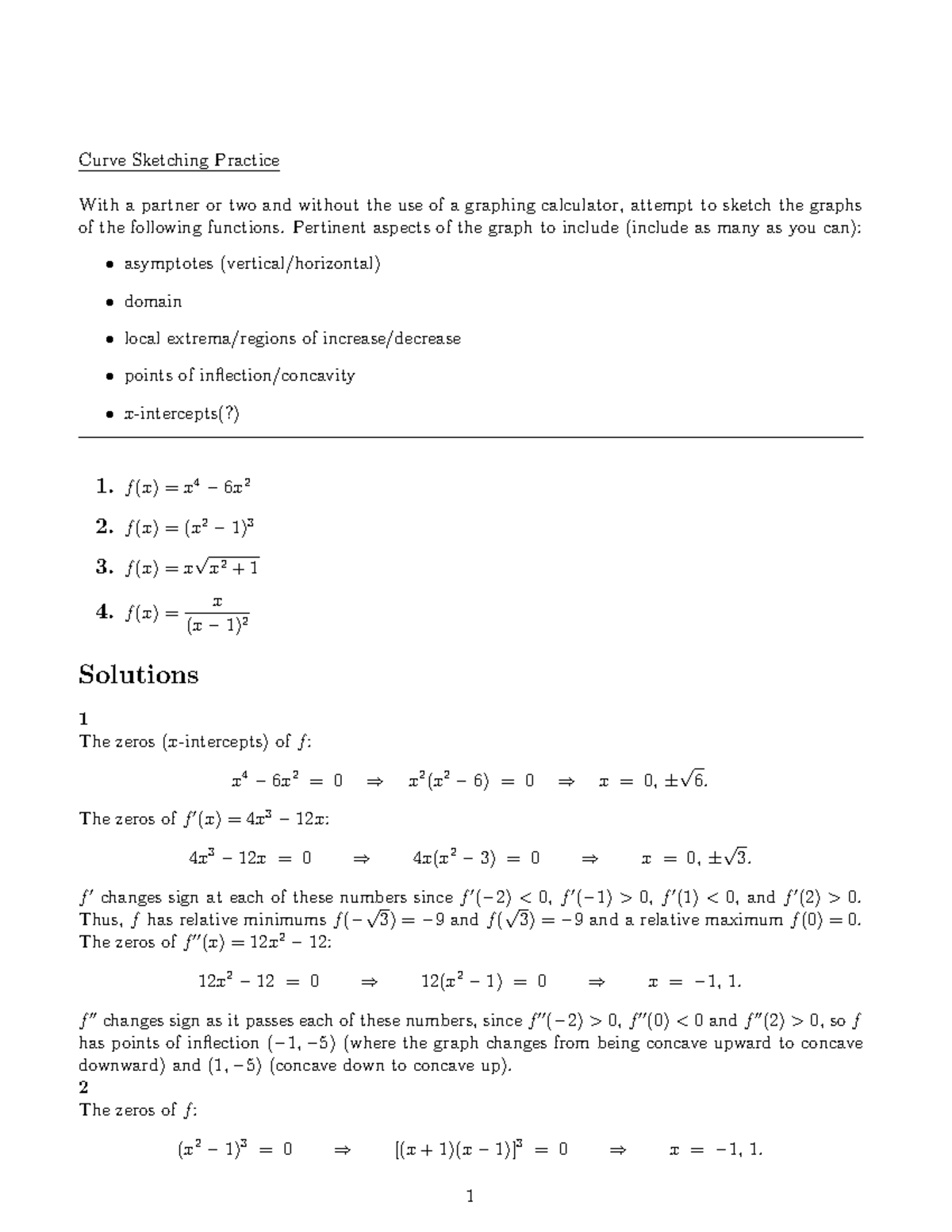 Curve Sketch Practice - Curve Sketching Practice With a partner or two ...