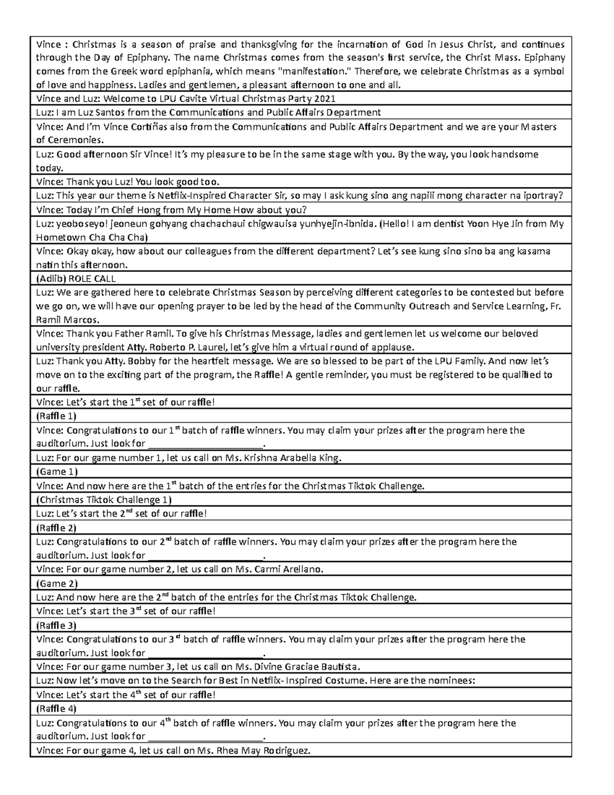 Party Script for Event - Vince : Christmas is a season of praise and ...