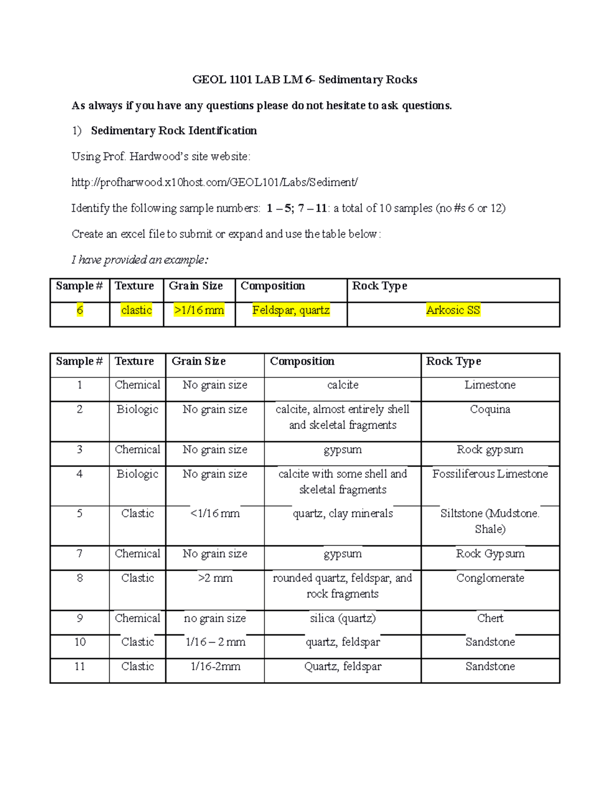 GEOL 1101 LM 6 Sedimentary Rocks Fll 2023 - GEOL 1101 LAB LM 6 ...