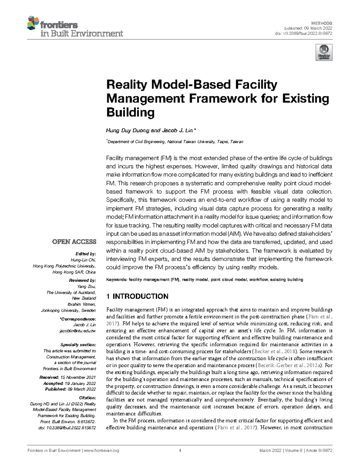Reality Model-based Facility Management Framework for Existing Building ...
