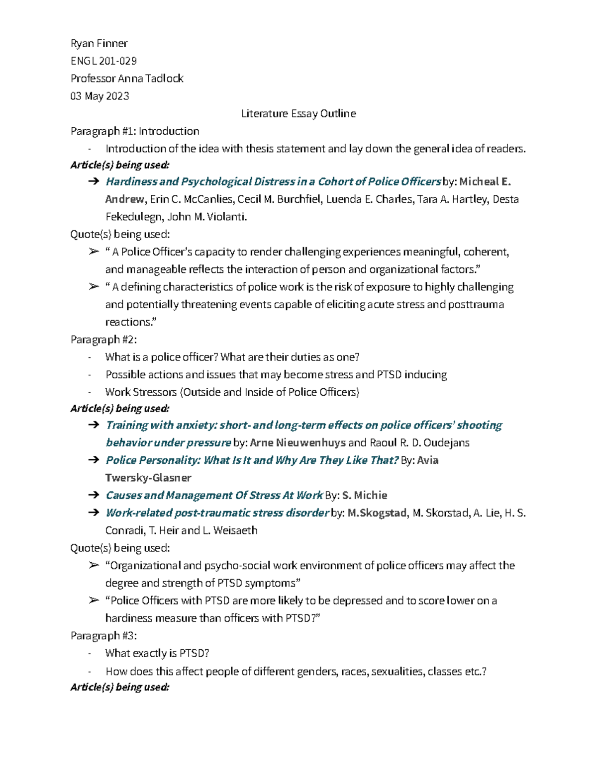 Literature Outline-ENGL 201 - Ryan Finner ENGL 201- Professor Anna ...