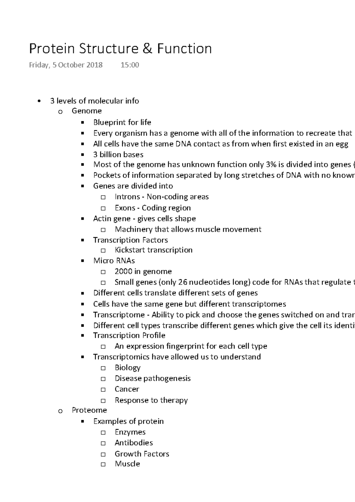 Protein Structure and function - 3 levels of molecular info Genome ...