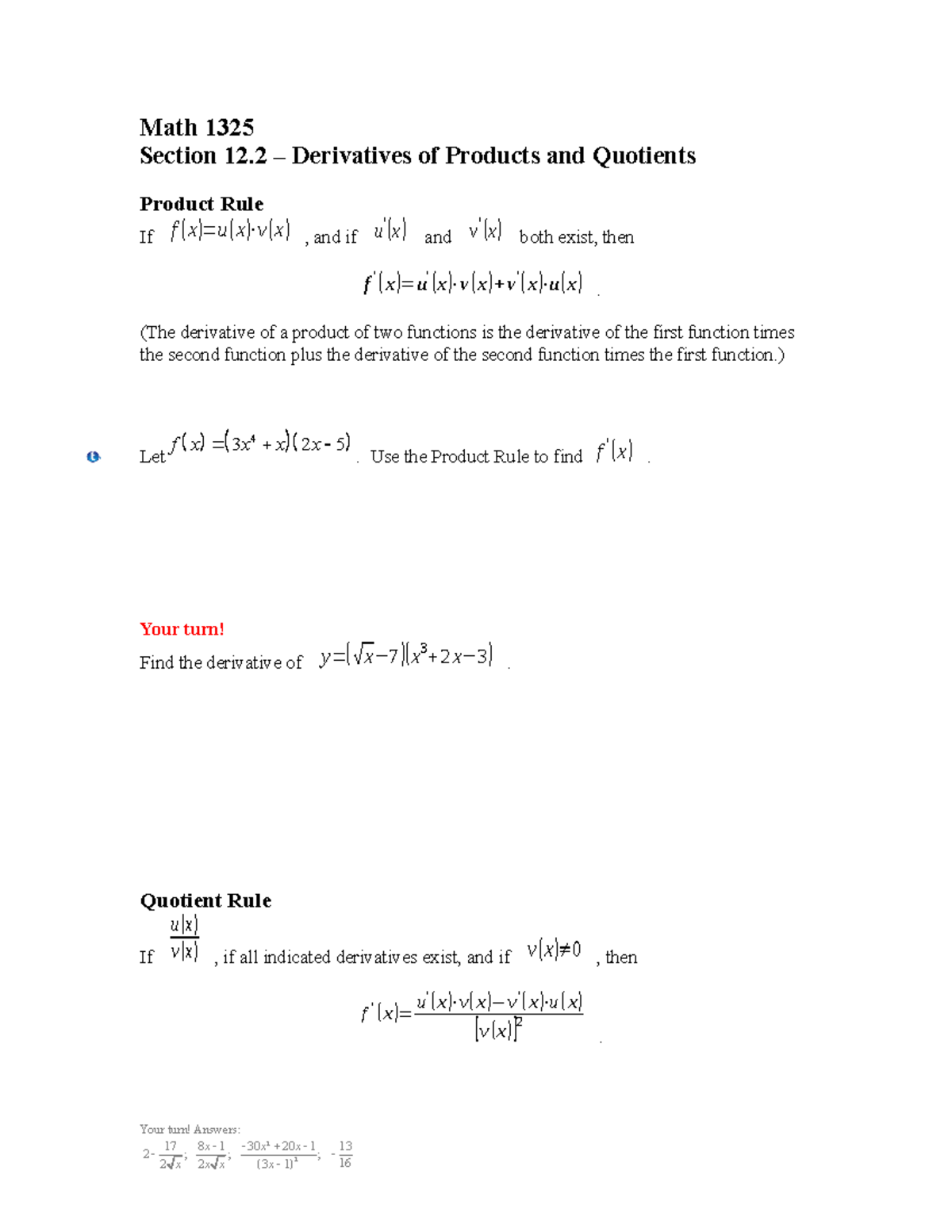 Section 12.2 - Derivatives of Products and Quotients - Math 1325 ...