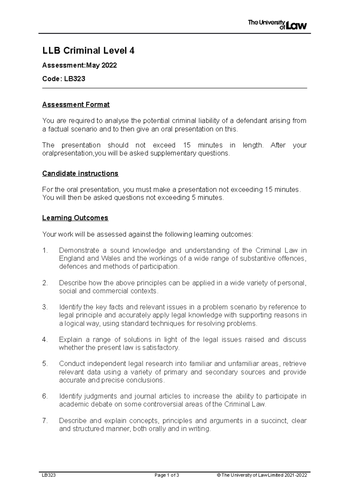 Criminal LAW EXAM - detailed - LLB Criminal Level 4 Assessment:May 2022 ...