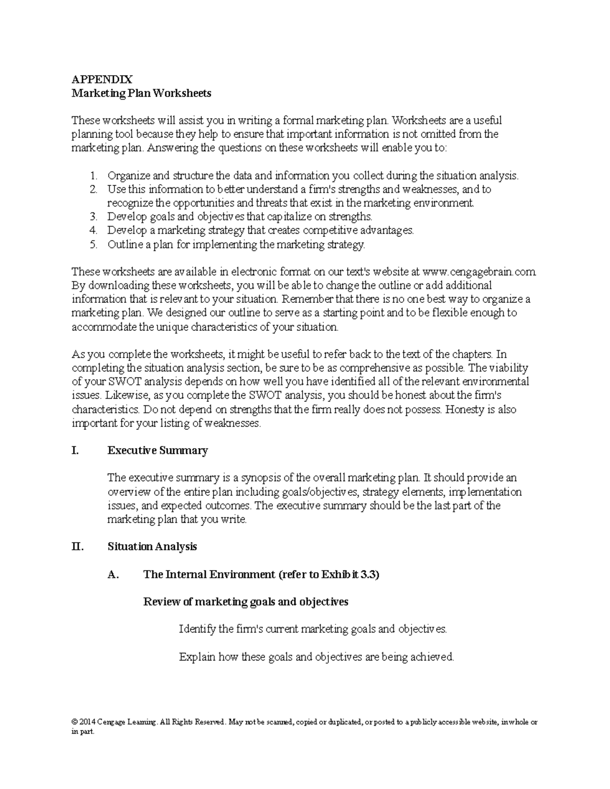 Marketing Plan Worksheet - APPENDIX Marketing Plan Worksheets These ...