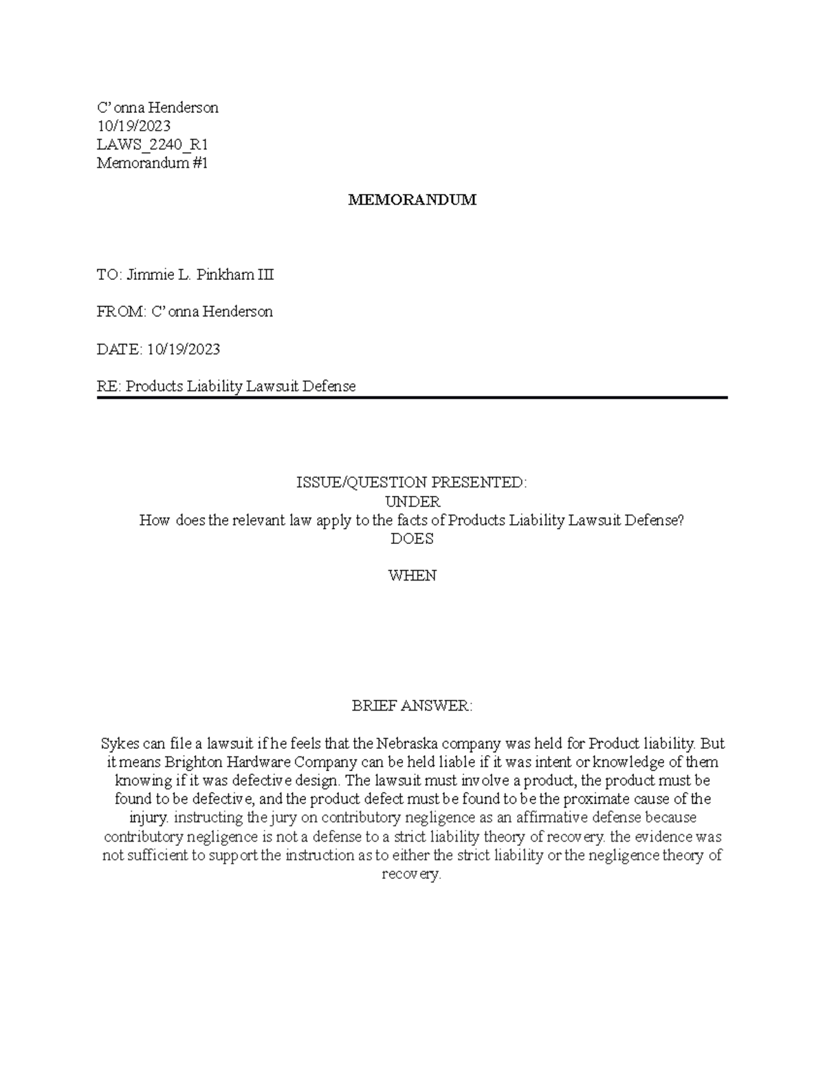 C'onna Henderson LAWS 2240 R1 Memorandum - C’onna Henderson 10/19/ LAWS ...