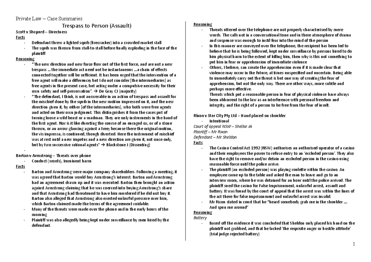 Private Law Case Summaries - Trespass to Person (Assault) Scott v ...