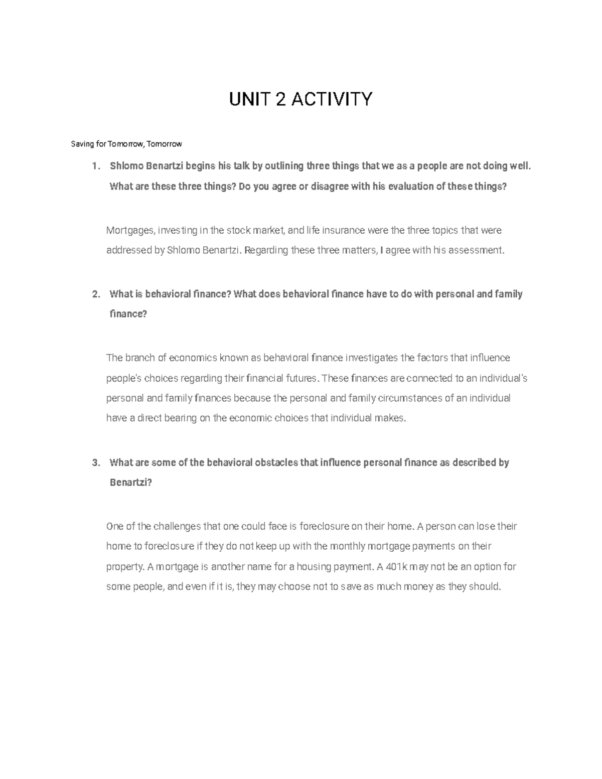 Money Matters UNIT 2 Activity - UNIT 2 ACTIVITY Saving for Tomorrow ...