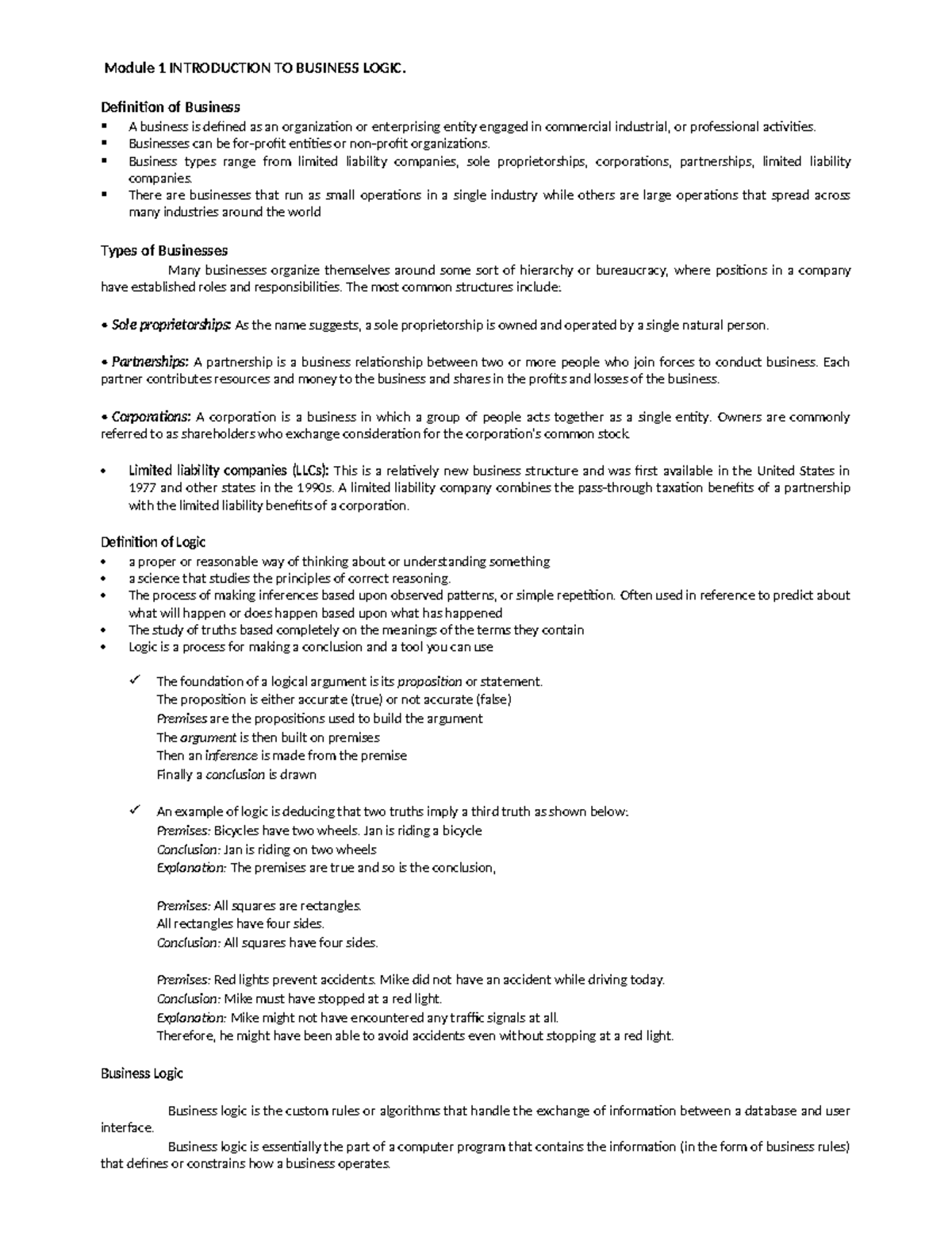 Business Logic - Module 1 INTRODUCTION TO BUSINESS LOGIC. Definition of ...