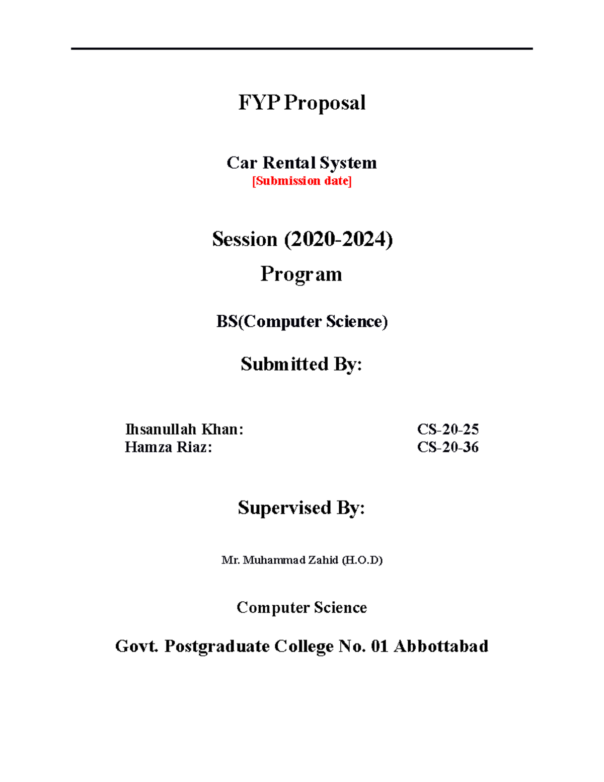 FYP-I Proposal Format - FYP Proposal Car Rental System [Submission date] Session (2020-2024 ...