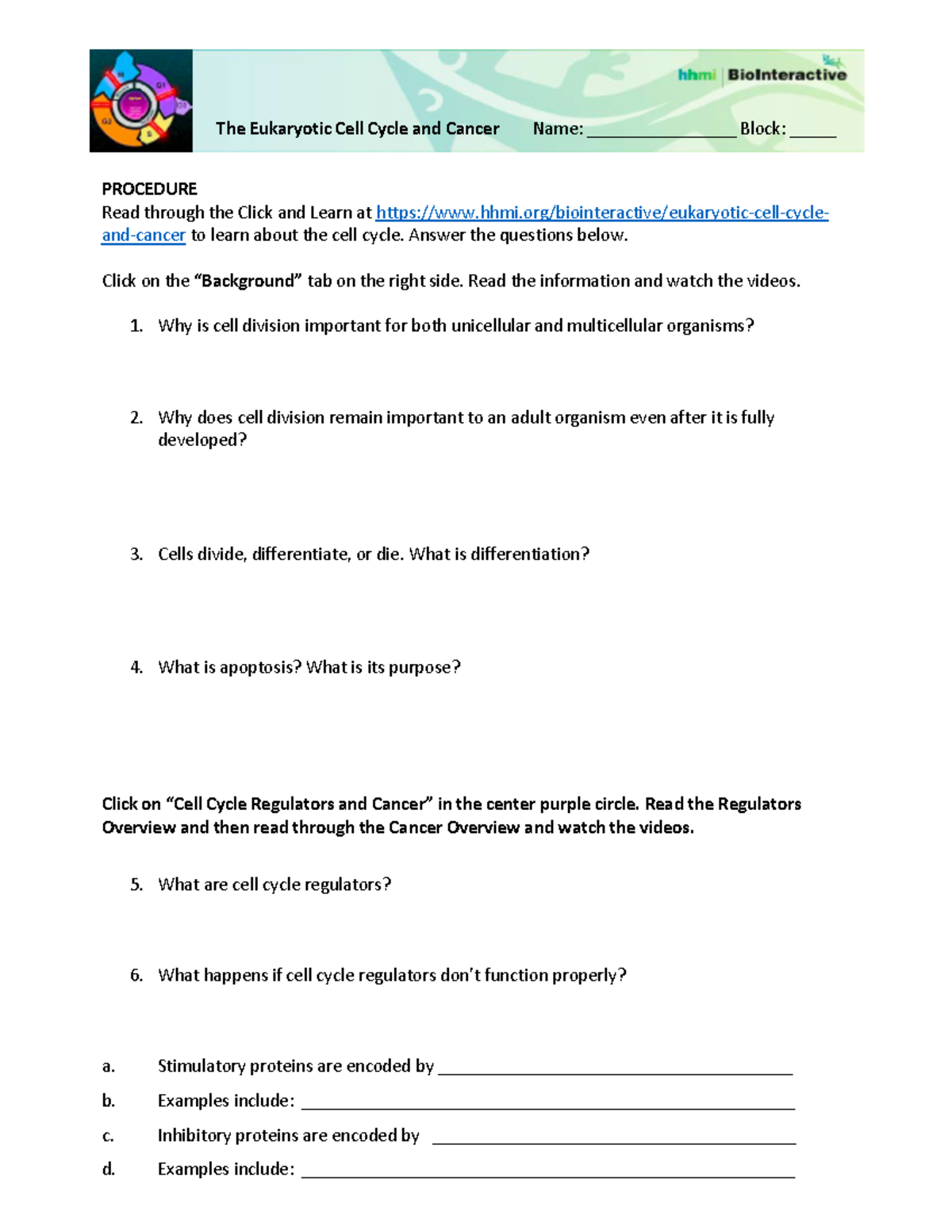 The Eukaryotic Cell Cycle and Cancer - Answer the questions below ...