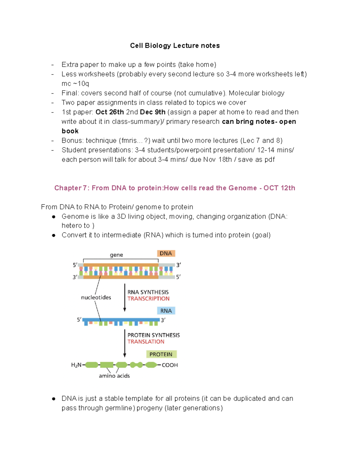 Cell Biology Lecture notes - Cell Biology Lecture notes Extra paper to ...