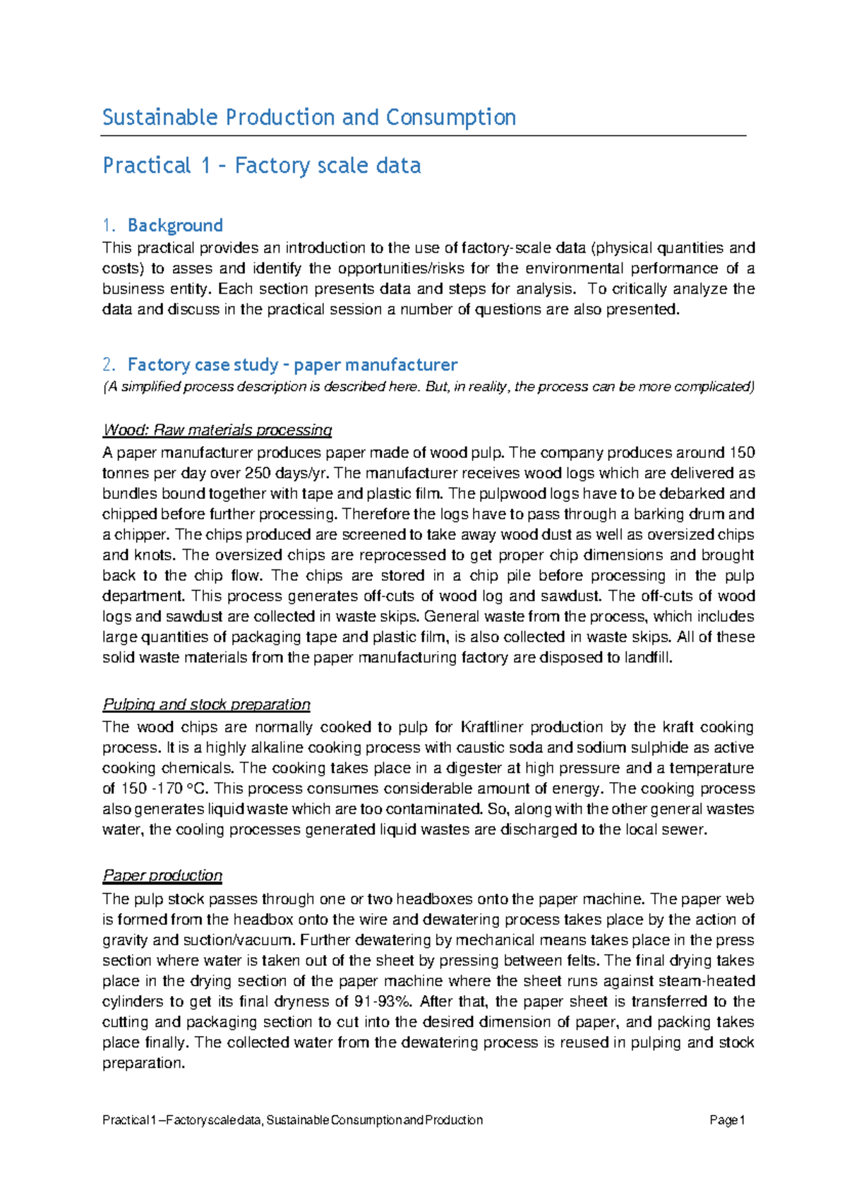 Practical 1 - Factory scale data - Sustainable Production and ...