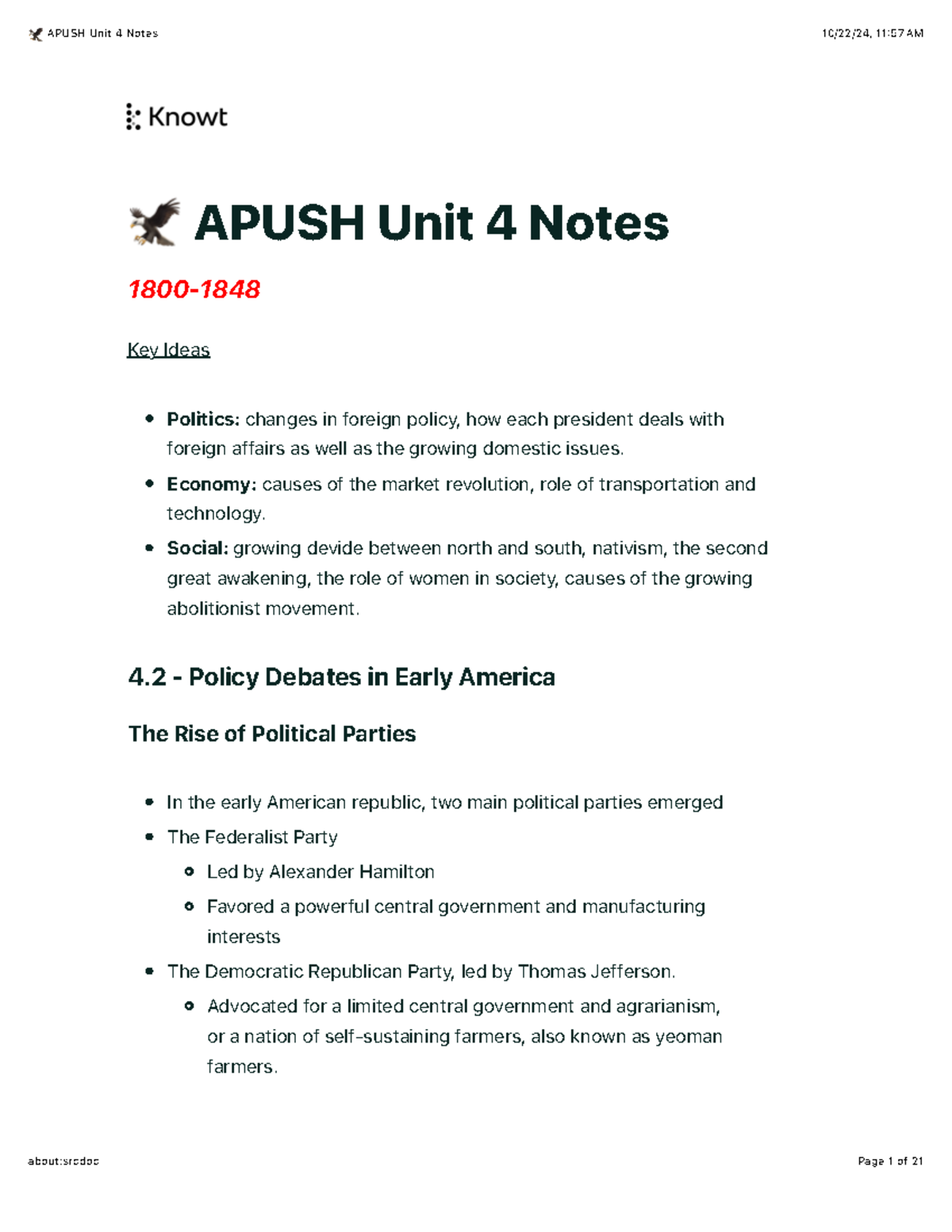 🦅 Apush Unit 4 Notes - APUSH Unit 4 Notes 1800- Key Ideas Politics ...