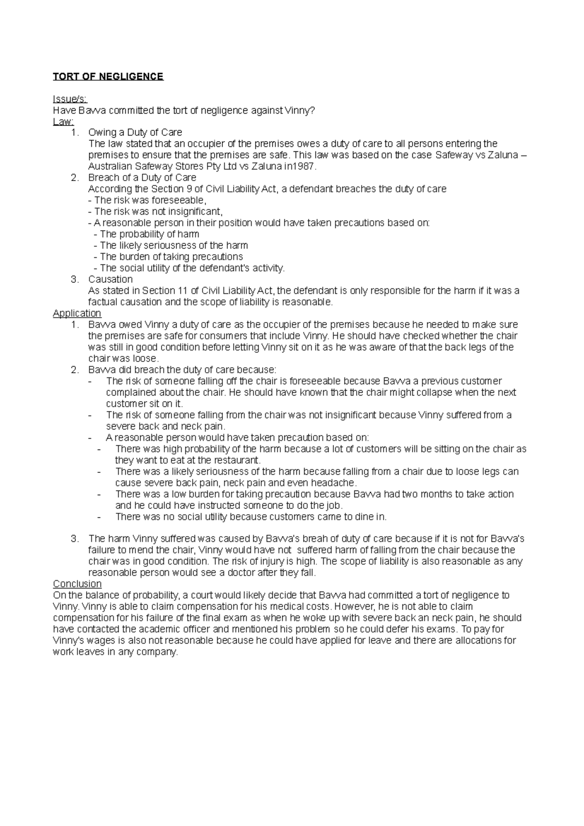 Law ILAC Question - TORT OF NEGLIGENCE Issue/s: Have Bavva committed ...