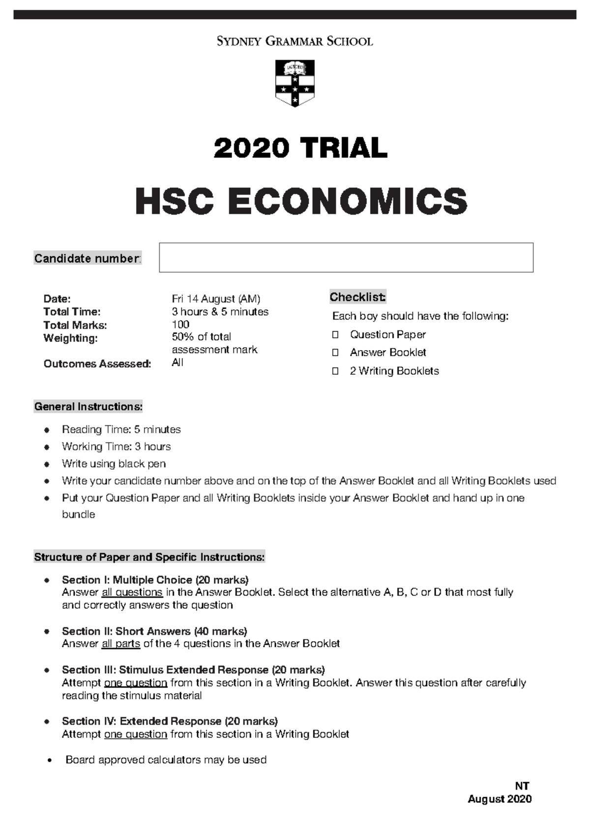 Sydney Grammar 2020 with sol - 2020 TRIAL HSC ECONOMICS Candidate ...