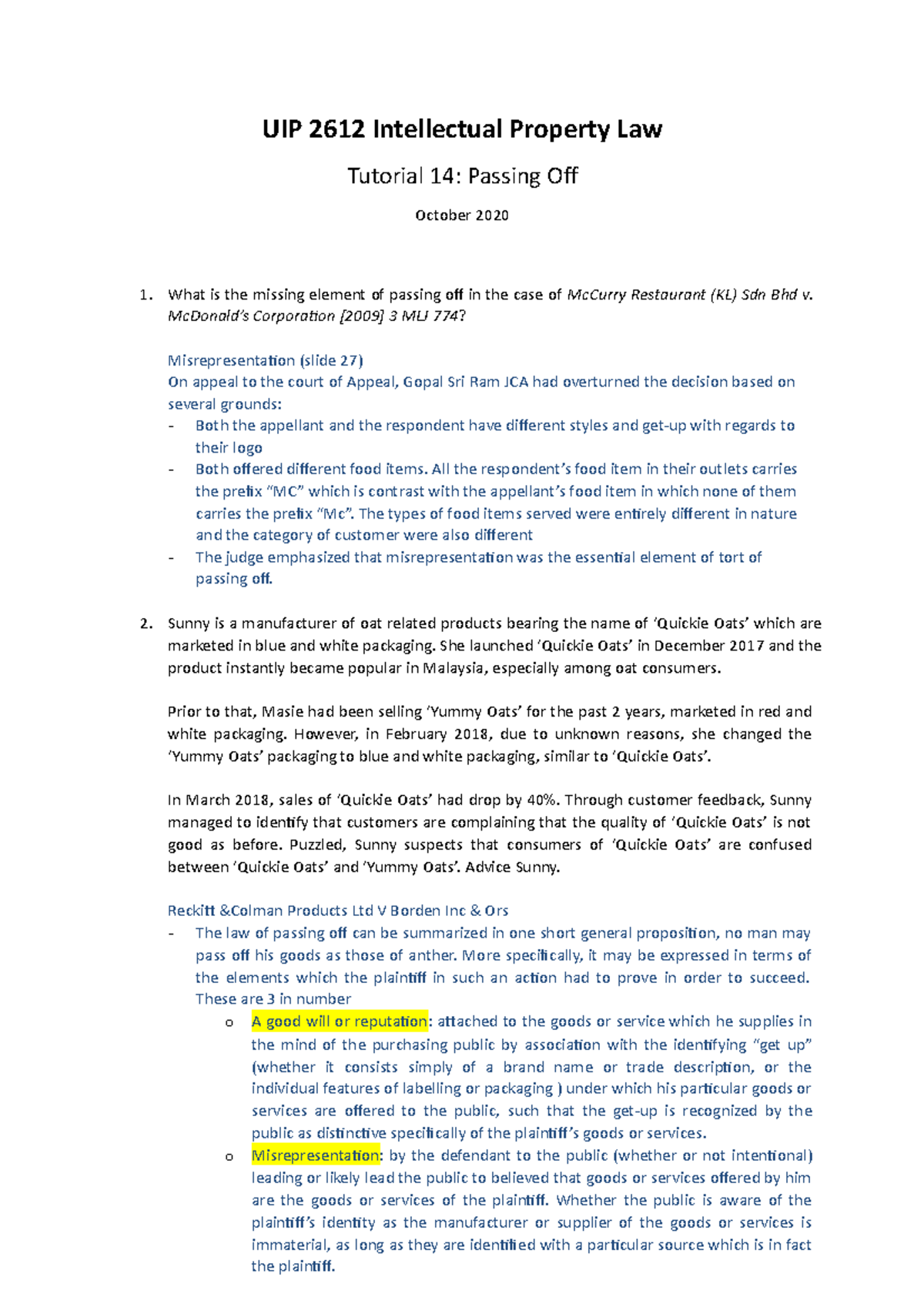 Tutorial Question - Passing OFF - UIP 2612 Intellectual Property Law ...