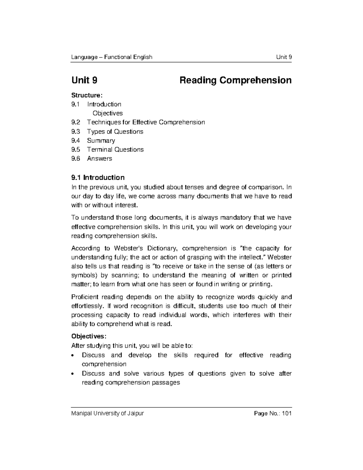 Unit 9-Reading Comprehension - Unit 9 Reading Comprehension Structure ...