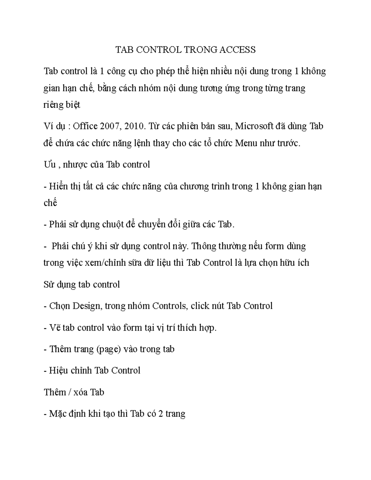 TAB Control Trong Access - TAB CONTROL TRONG ACCESS Tab control là 1 ...