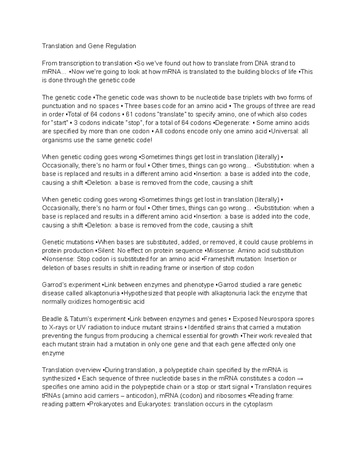 Translation and Gene Regulation - .. Now we’re going to look at how ...