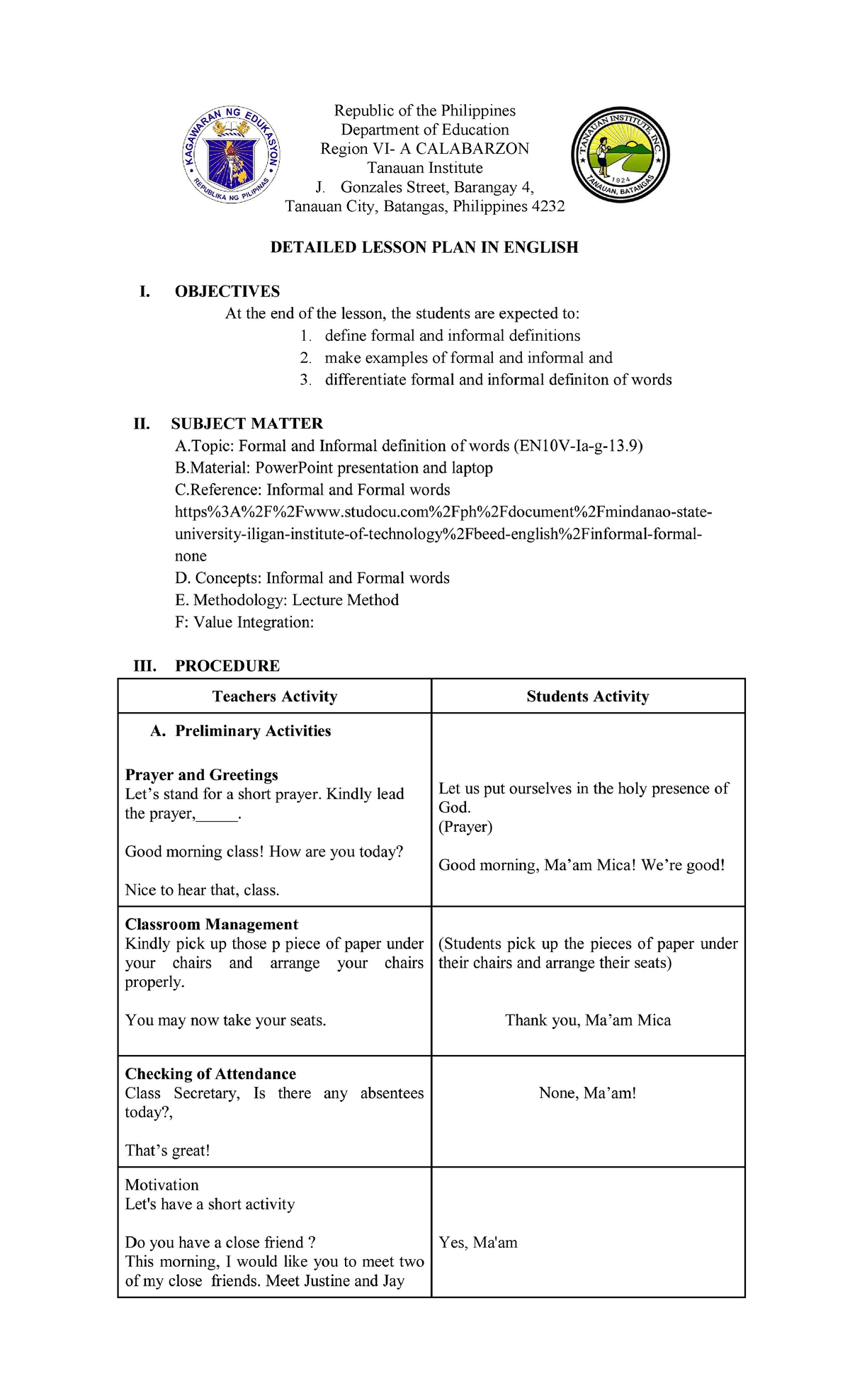 MY-LP-PROF - lesson plan - Republic of the Philippines Department of ...