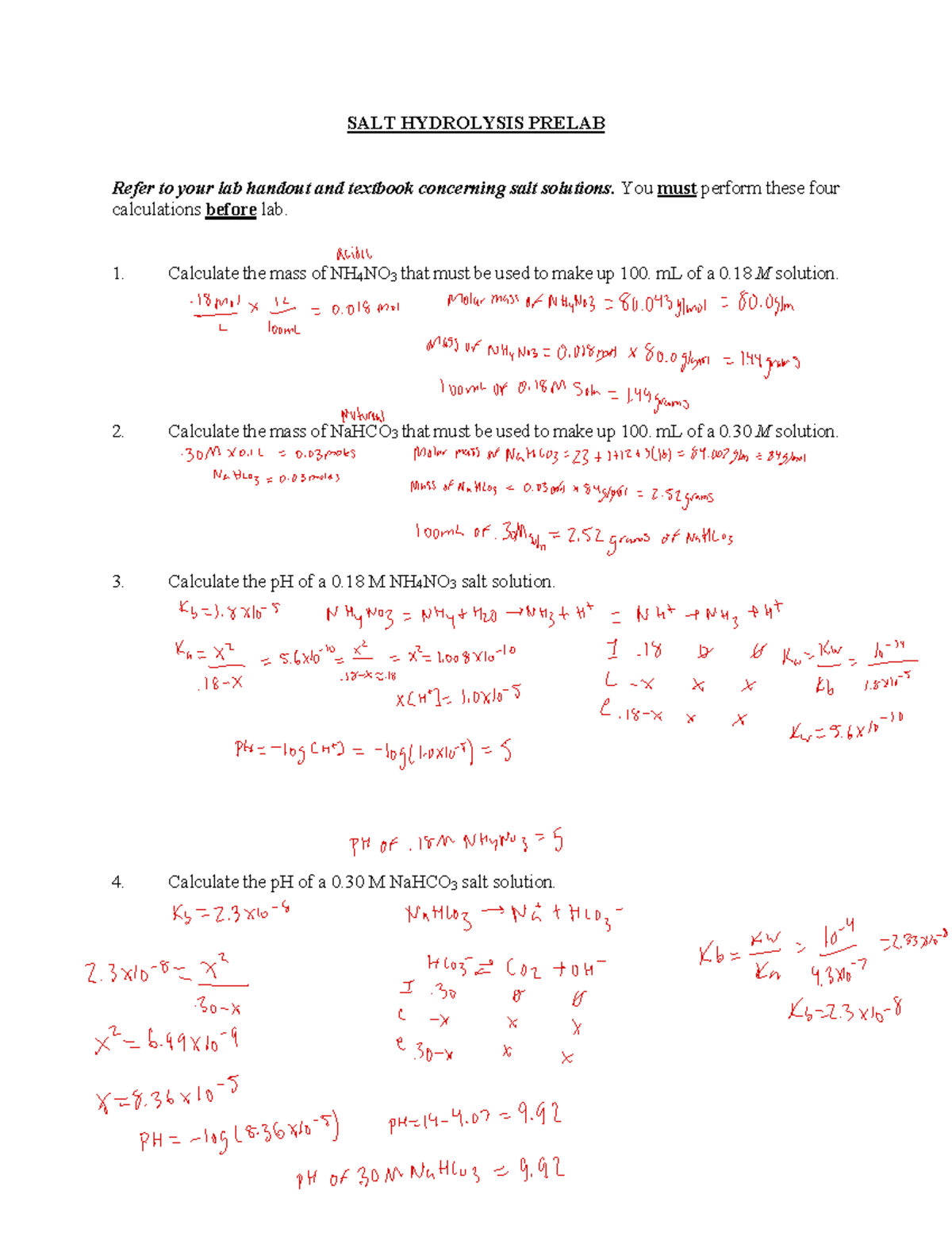 Chem Lab 2 - Lab for chapter 2 - SALT HYDROLYSIS PRELAB Refer to your ...