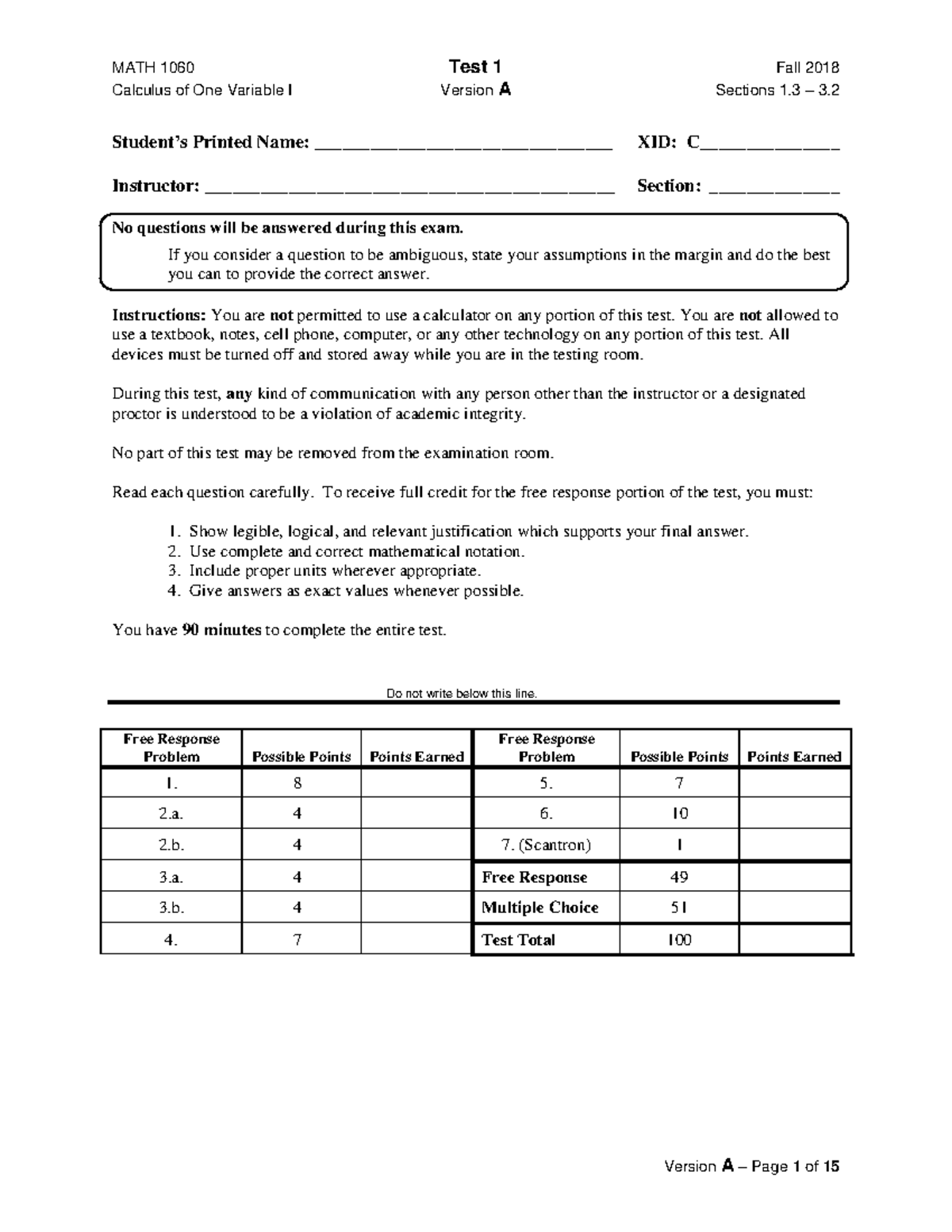 2018fall-exam 1 - Calculus of One Variable I Version A Sections 1 – 3 ...