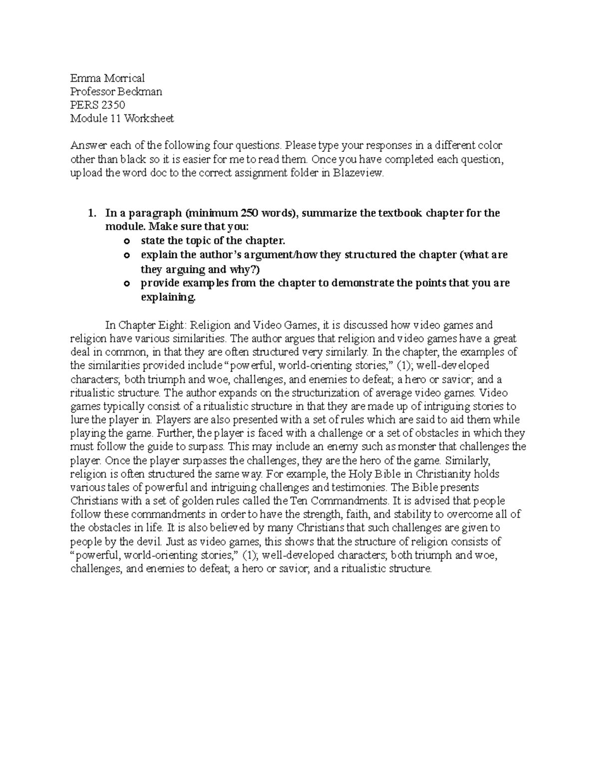 Mod 11 Worksheet - Notes - Emma Morrical Professor Beckman PERS 2350 ...