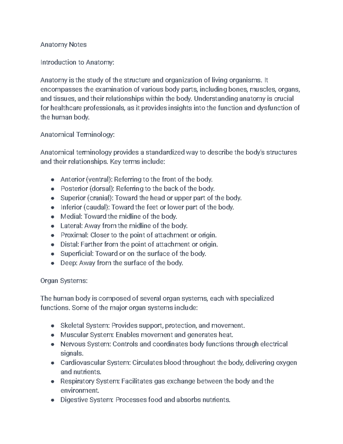 Anatomy Notes - Anatomy Notes Introduction to Anatomy: Anatomy is the ...