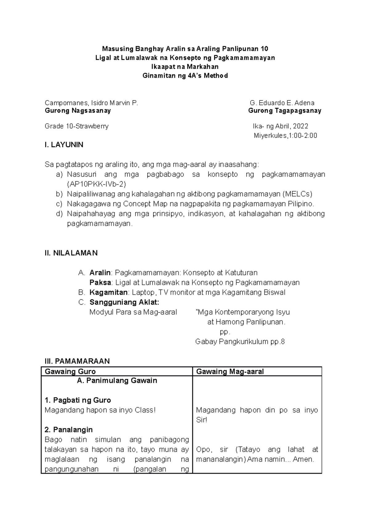AP1 Lesson Plan - Masusing Banghay Aralin sa Araling Panlipunan 10 ...