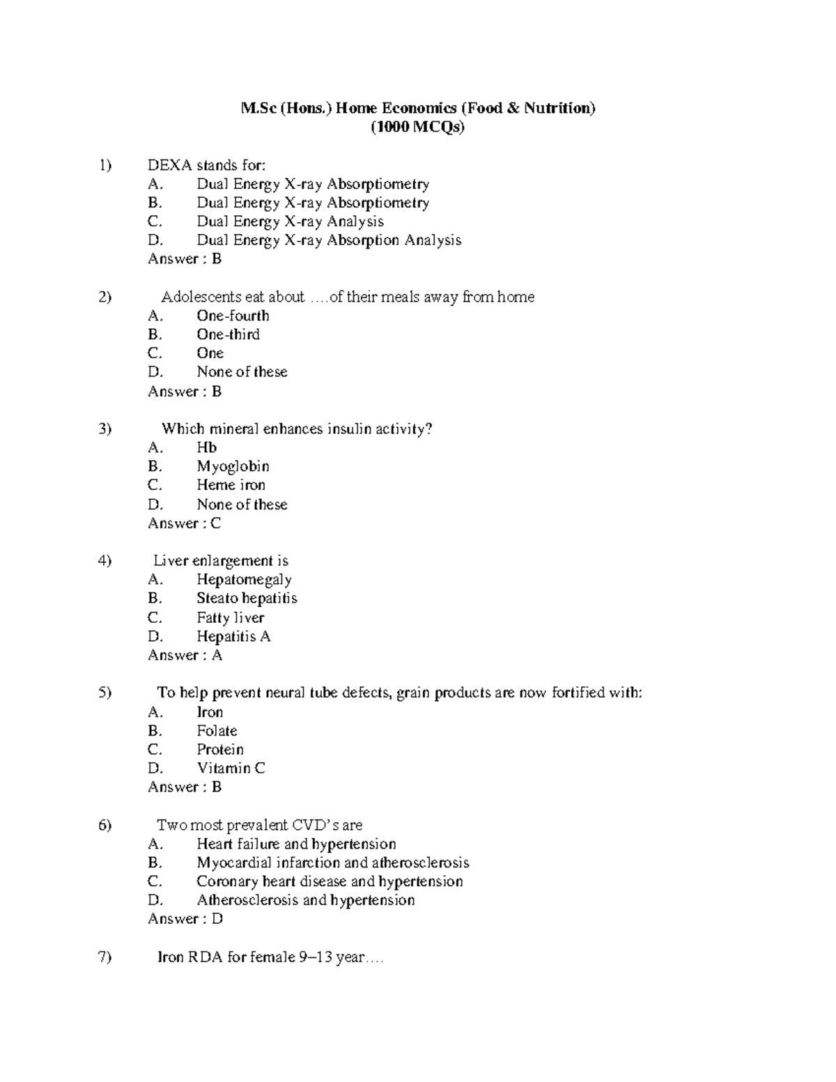 1000 MCQs Food Nutrition - M (Hons.) Home Economics (Food & Nutrition ...