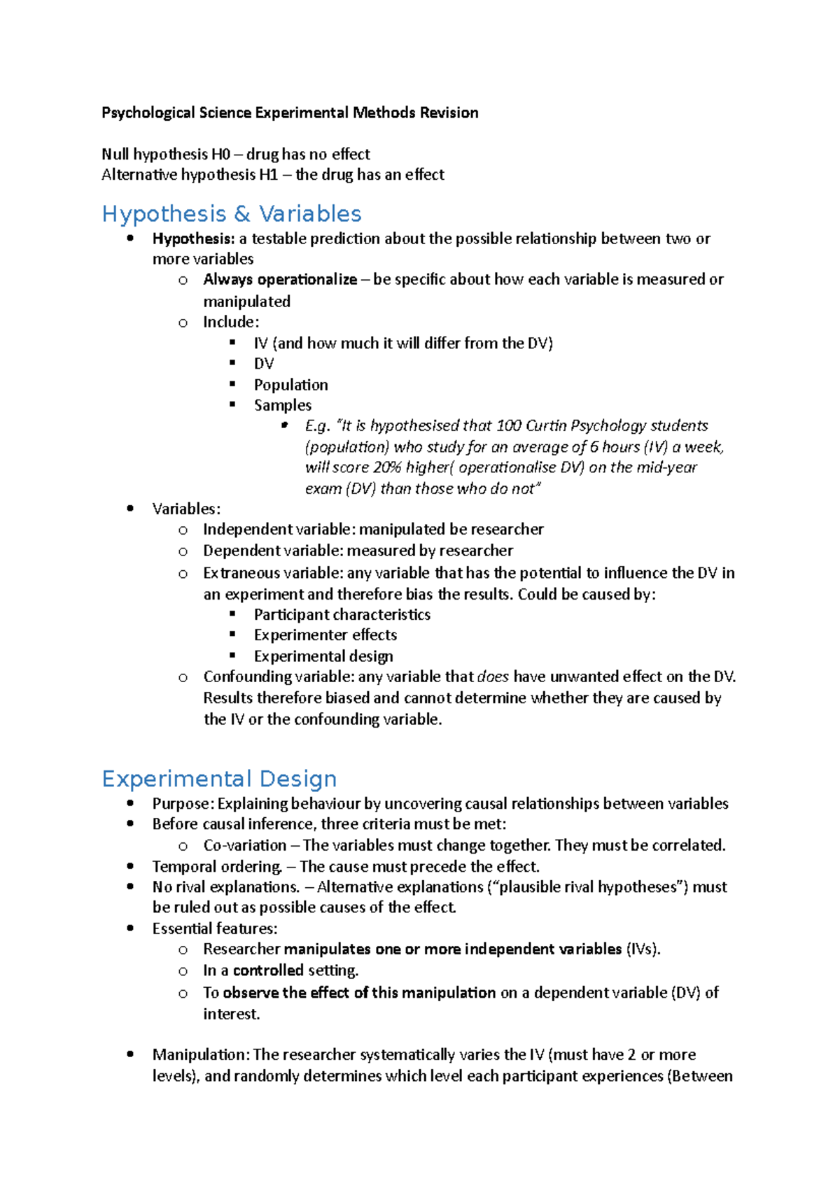 Psychological Science Experimental Methods Revision - “It is ...