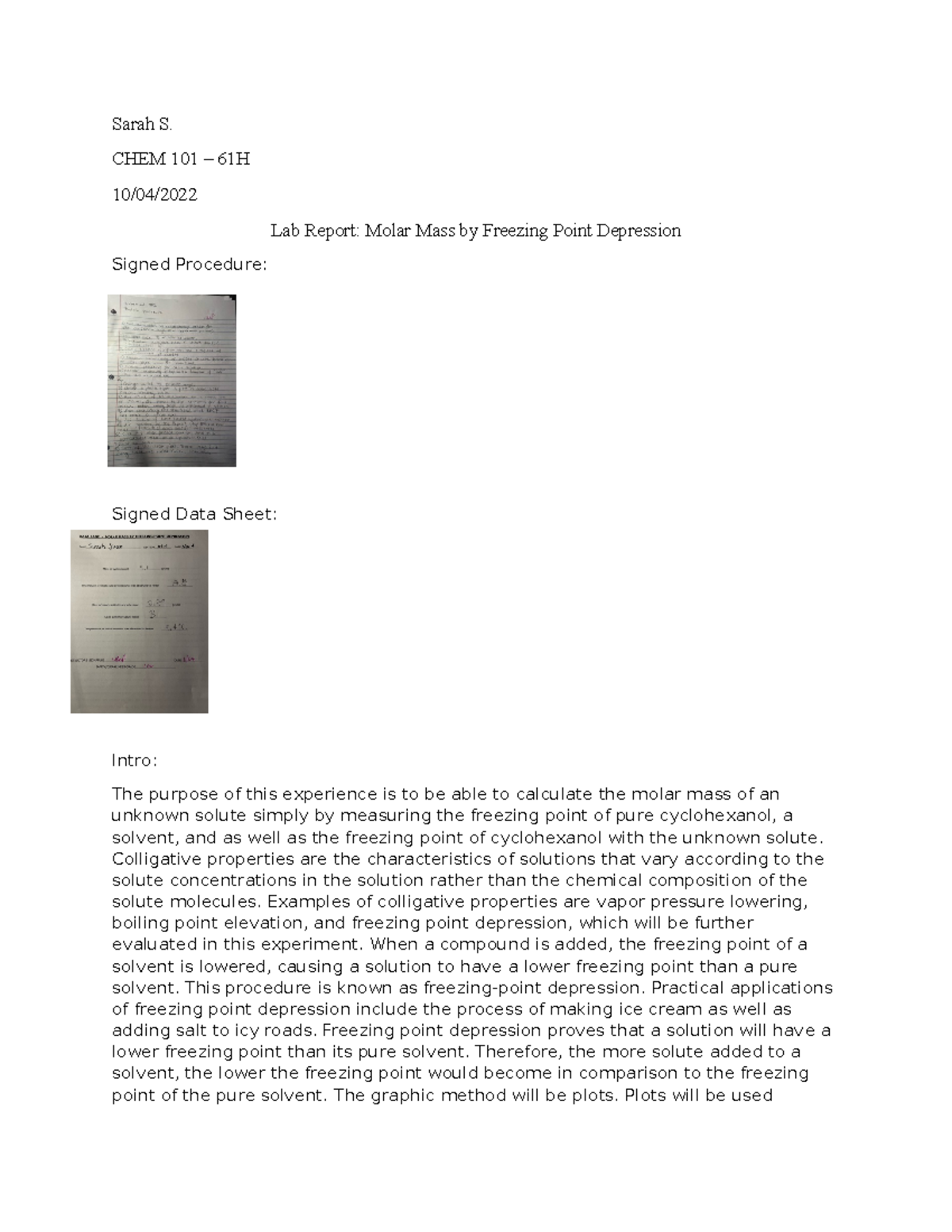 Lab Report 3 - Molar Mass by Freezing Point Depression - CHEM 101 - Studocu