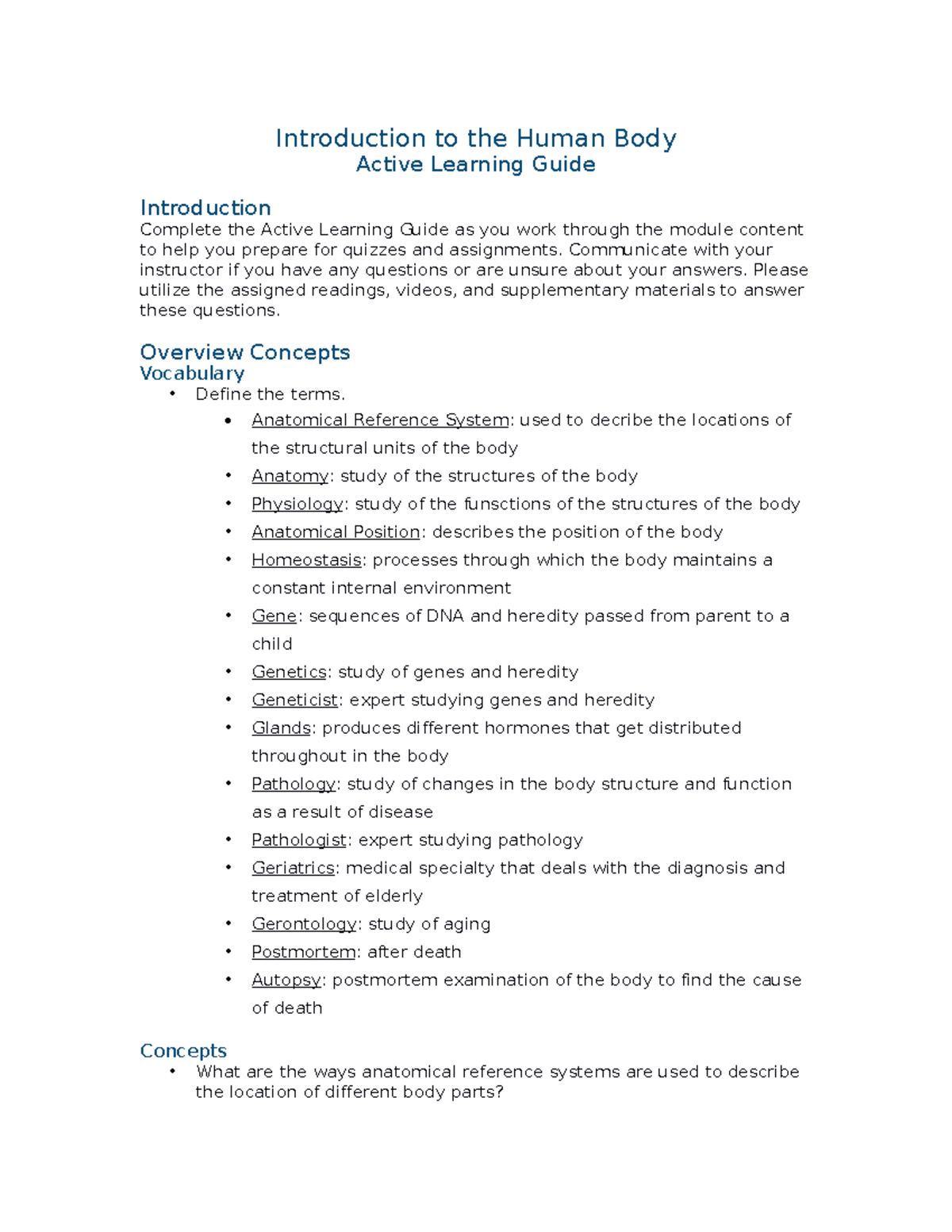 Assignment - Active Learning Guide (Ch. 2 - Introduction to the Human ...