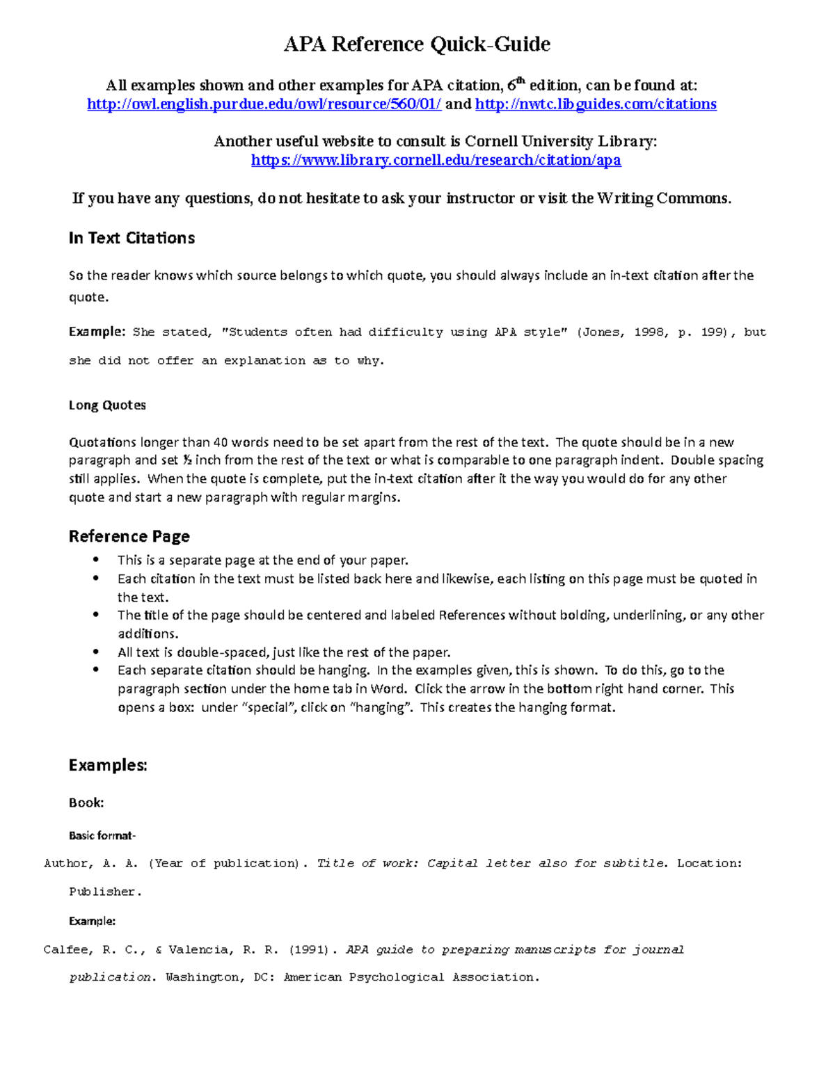 APA citation handout 19-1-1 - APA Reference Quick-Guide All examples ...