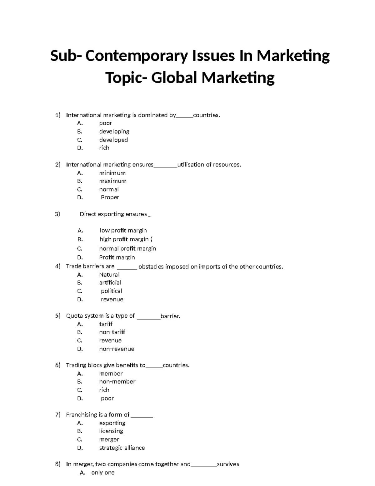 International Marketing - Sub- Contemporary Issues In Marketing Topic ...