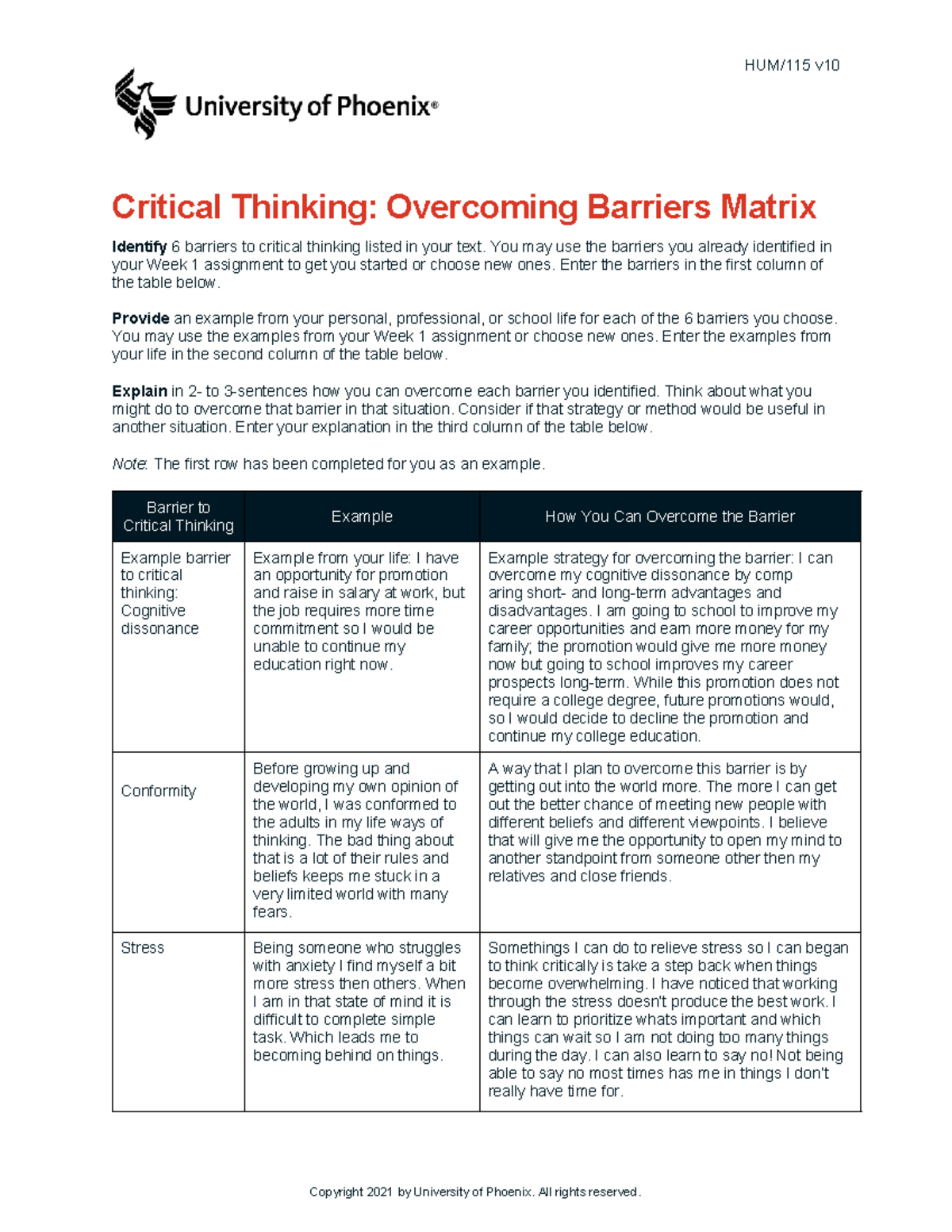 Hum115 v10 wk3 critical thinking overcoming barriers matrix+ - HUM/115 ...