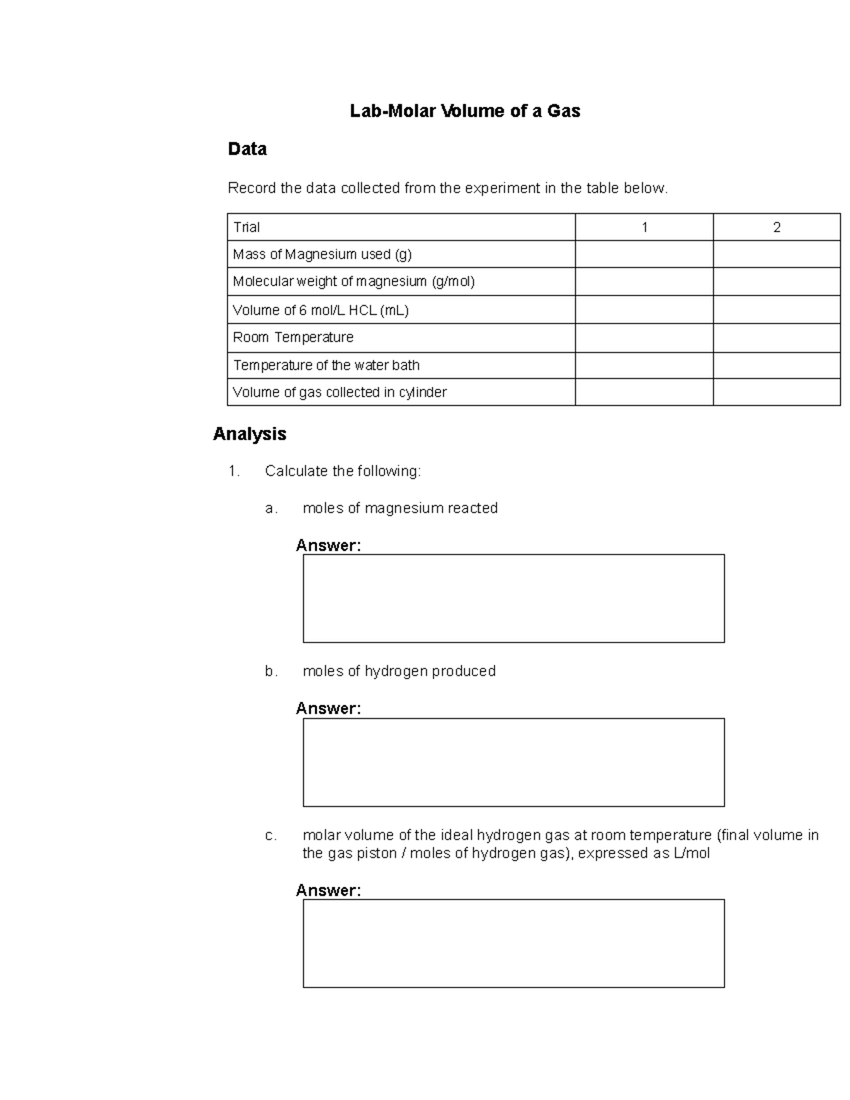Lesson 4 lab - lab work - Lab-Molar Volume of a Gas Data Record the ...