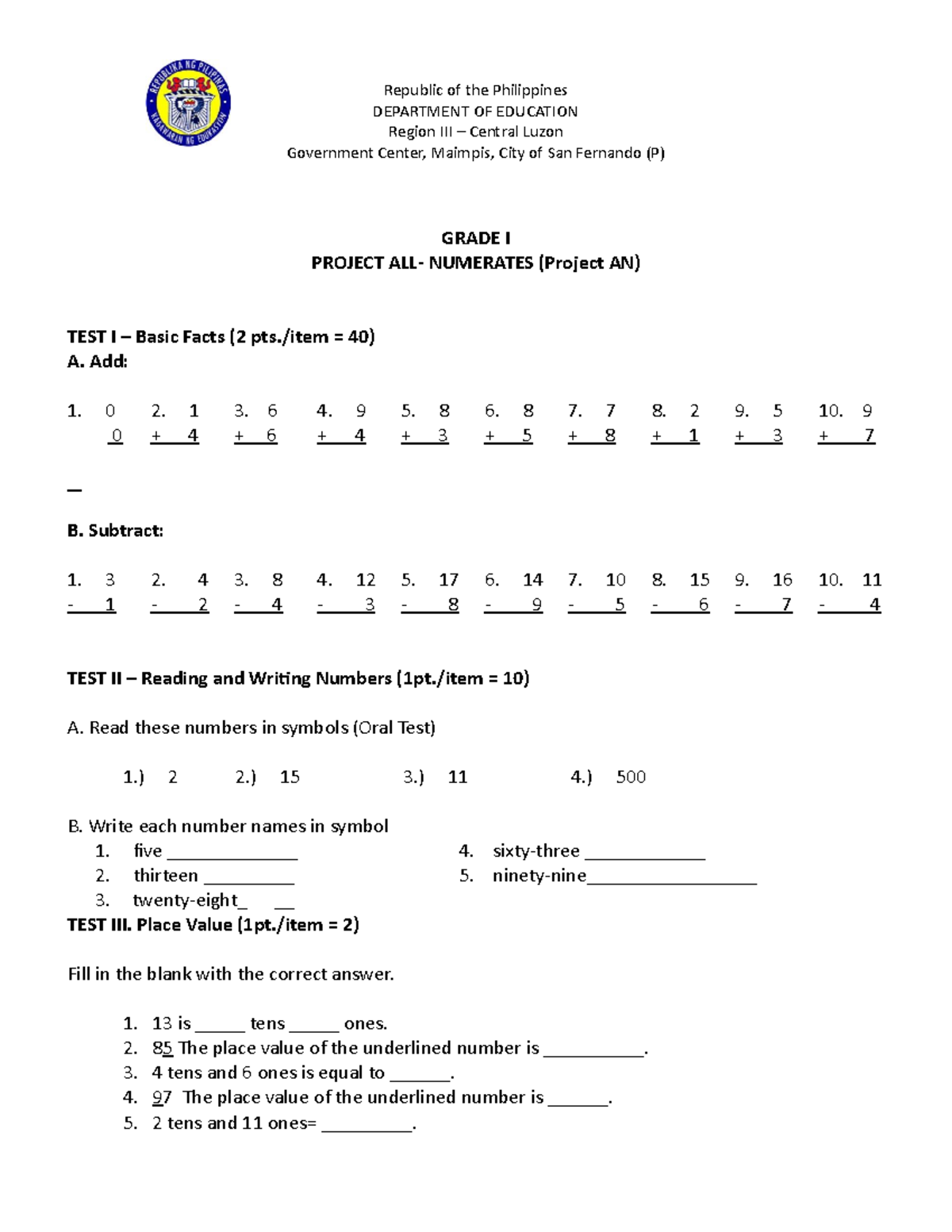 Project AN Grade 1 and me - Republic of the Philippines DEPARTMENT OF ...