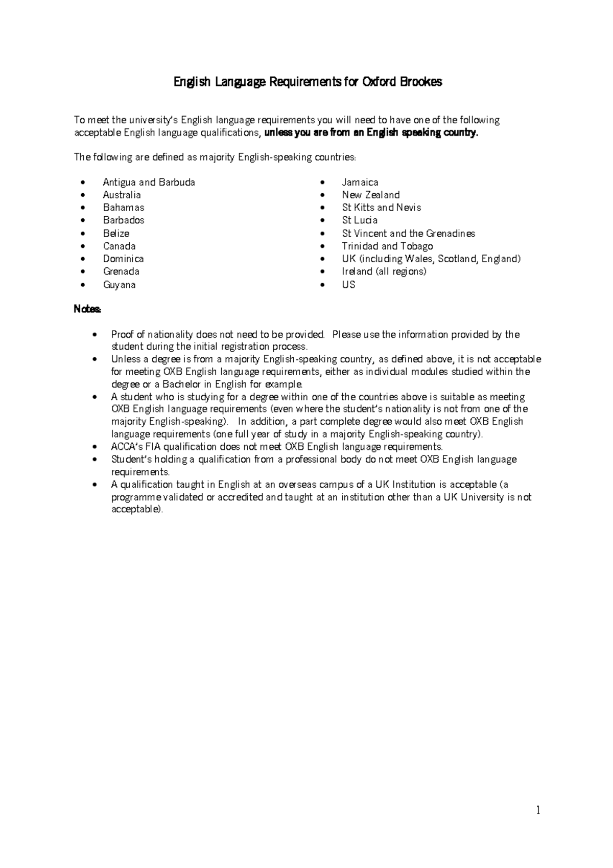 English Language Requirement - The following are defined as majority ...